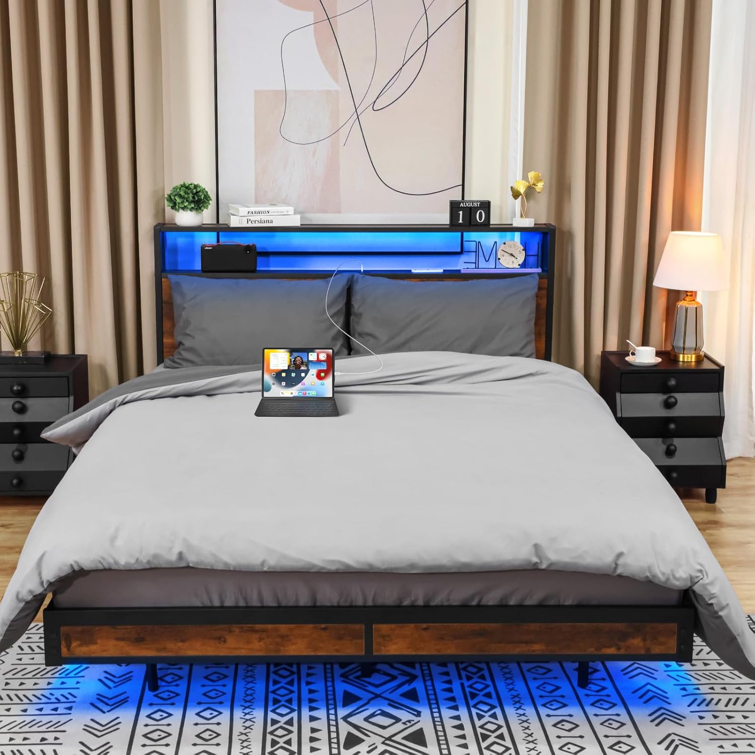 BedsPick Full Bed Frame with 2-Tier Storage Headboard, Metal Industrial ...