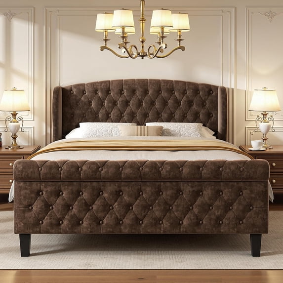 BedsPick Sleigh Queen Bed Frame with Wingback Headboard, Chenille ...