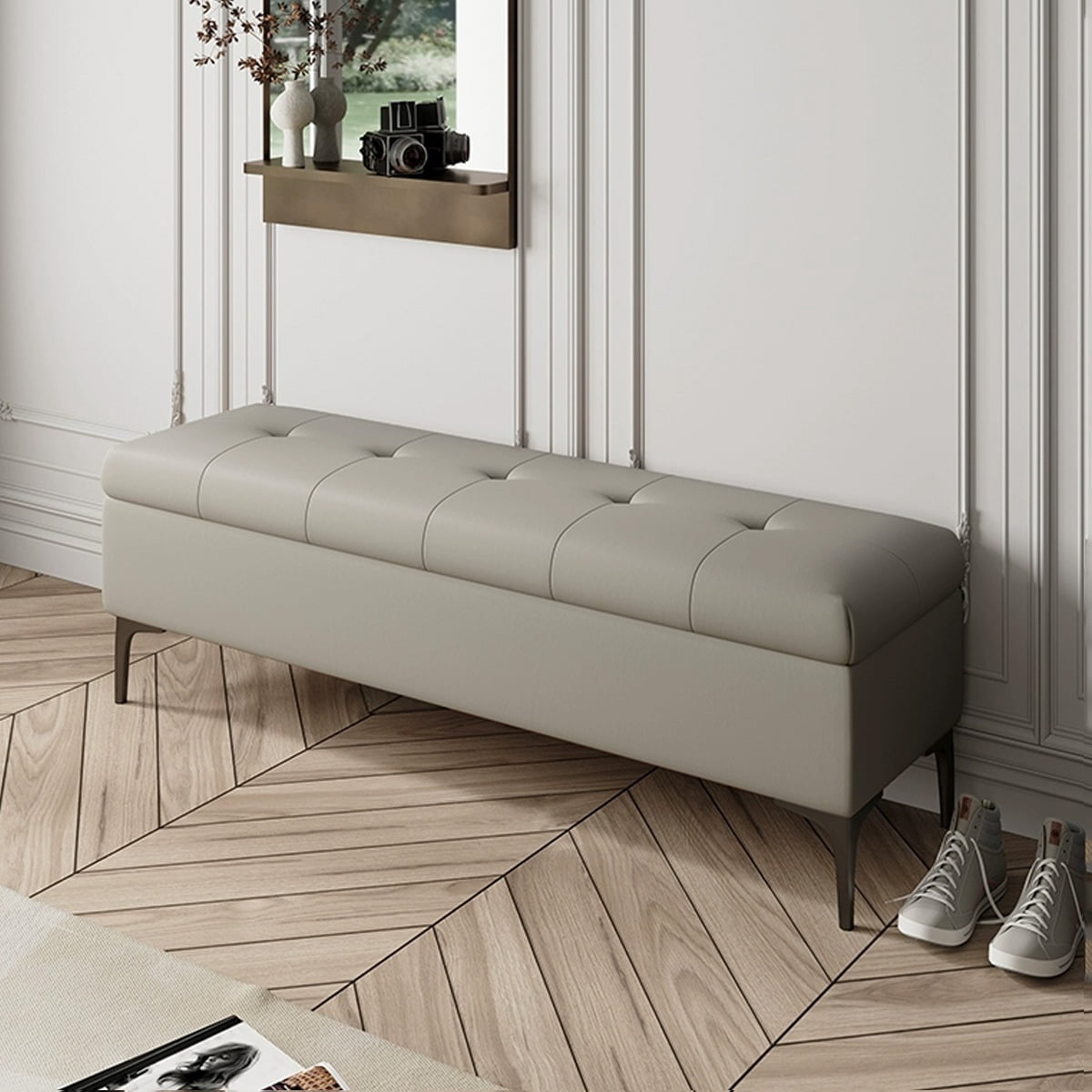 Bedside Bench Entryway Ottoman with Storage Space,Tufted Modern Long ...