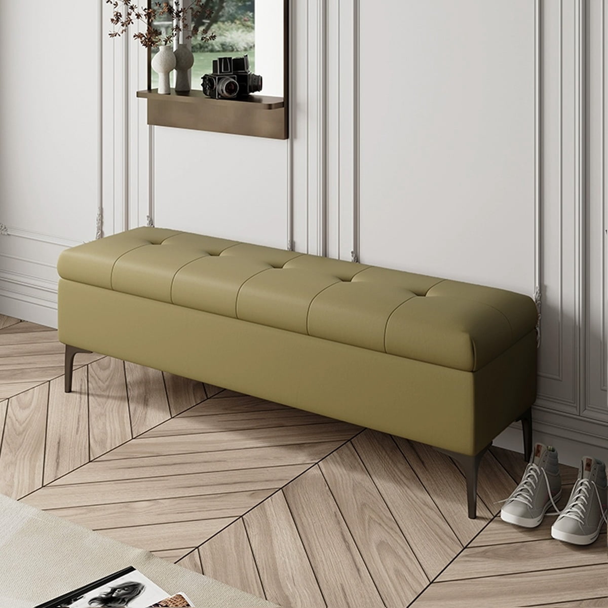 Bedside Bench Entryway Ottoman with Storage Space,Tufted Modern Long ...