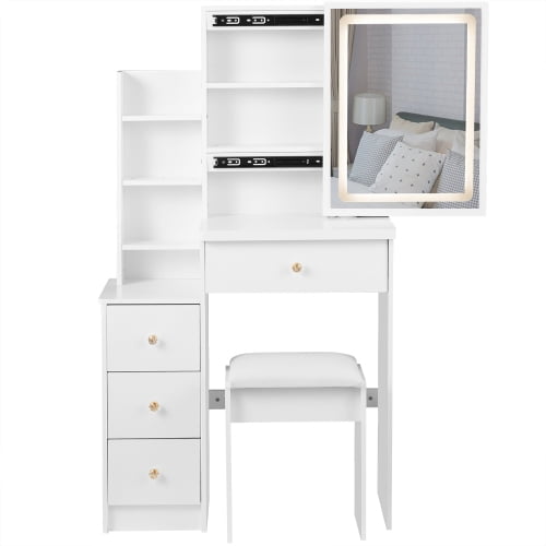 Bedside Cabinet Vanity Table with Cushioned Stool, Touch Control ...
