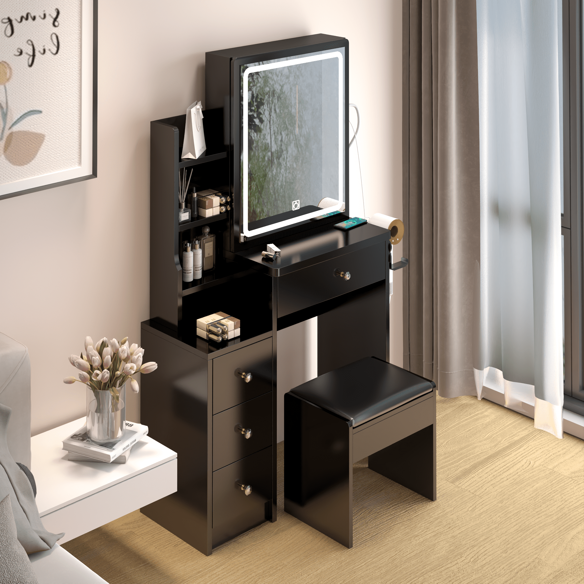 Bedside Cabinet Vanity Table With Cushioned Stool, Left Side With 2 AC ...