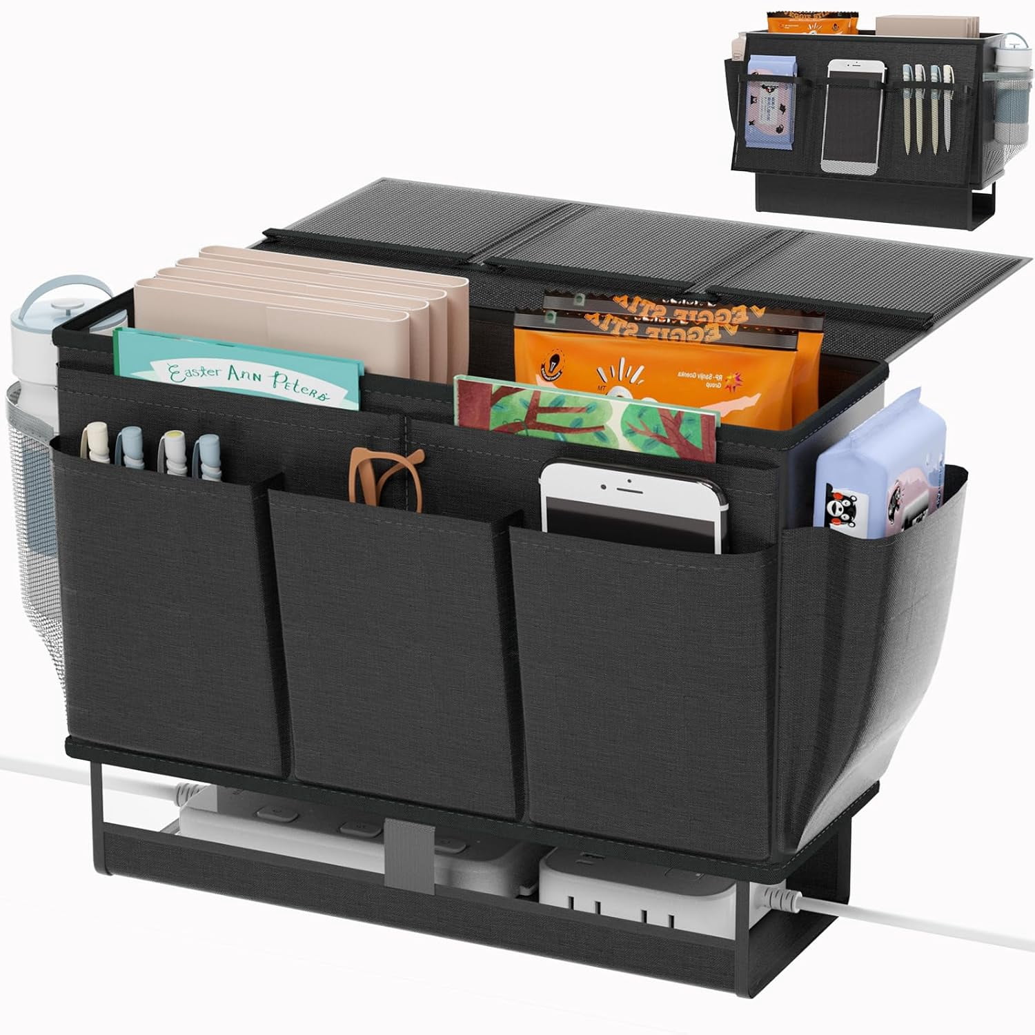 Bedside Caddy, Bed Organizer with 11 Pockets and Power Strip Holder ...