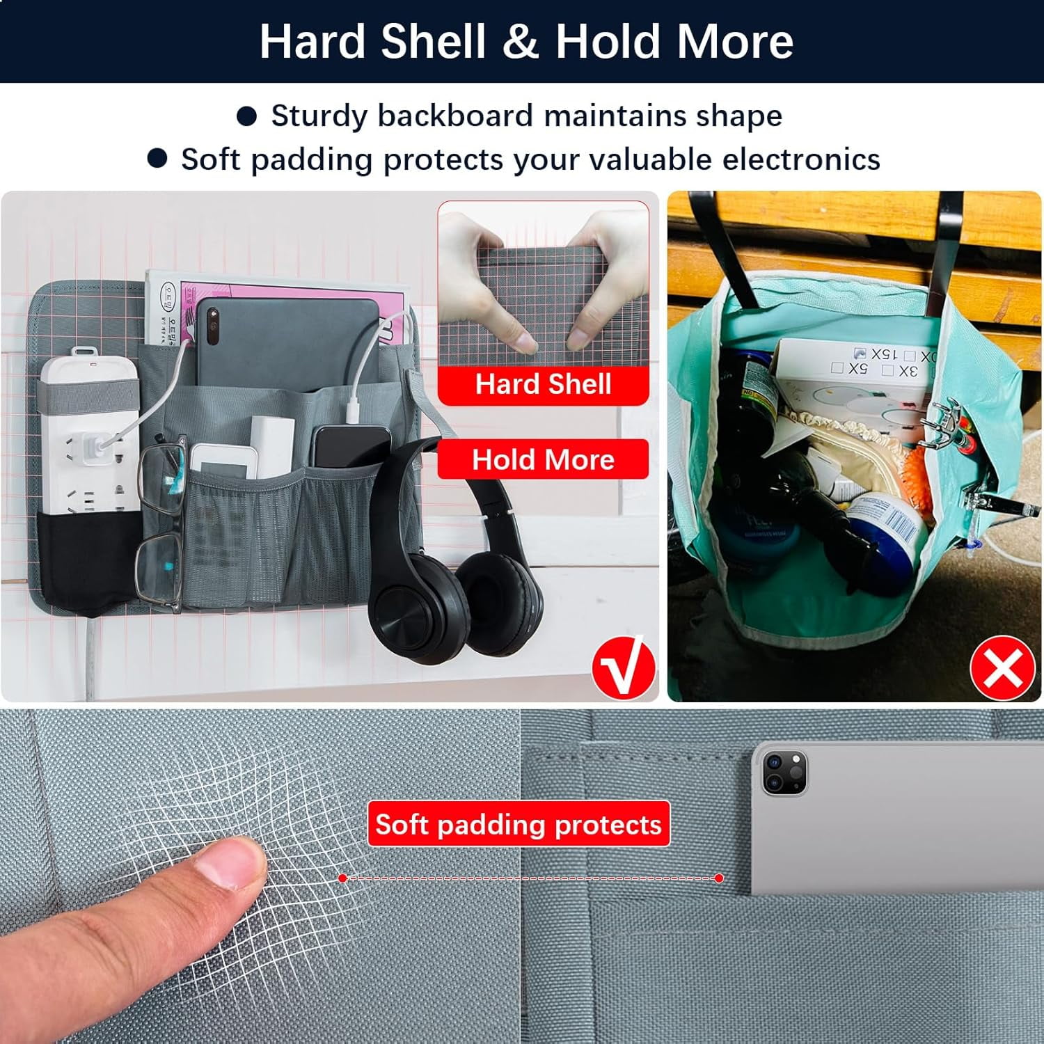 Bedside Caddy with Power Strip Pocket, Heavy Duty Bunk Bed Caddy ...