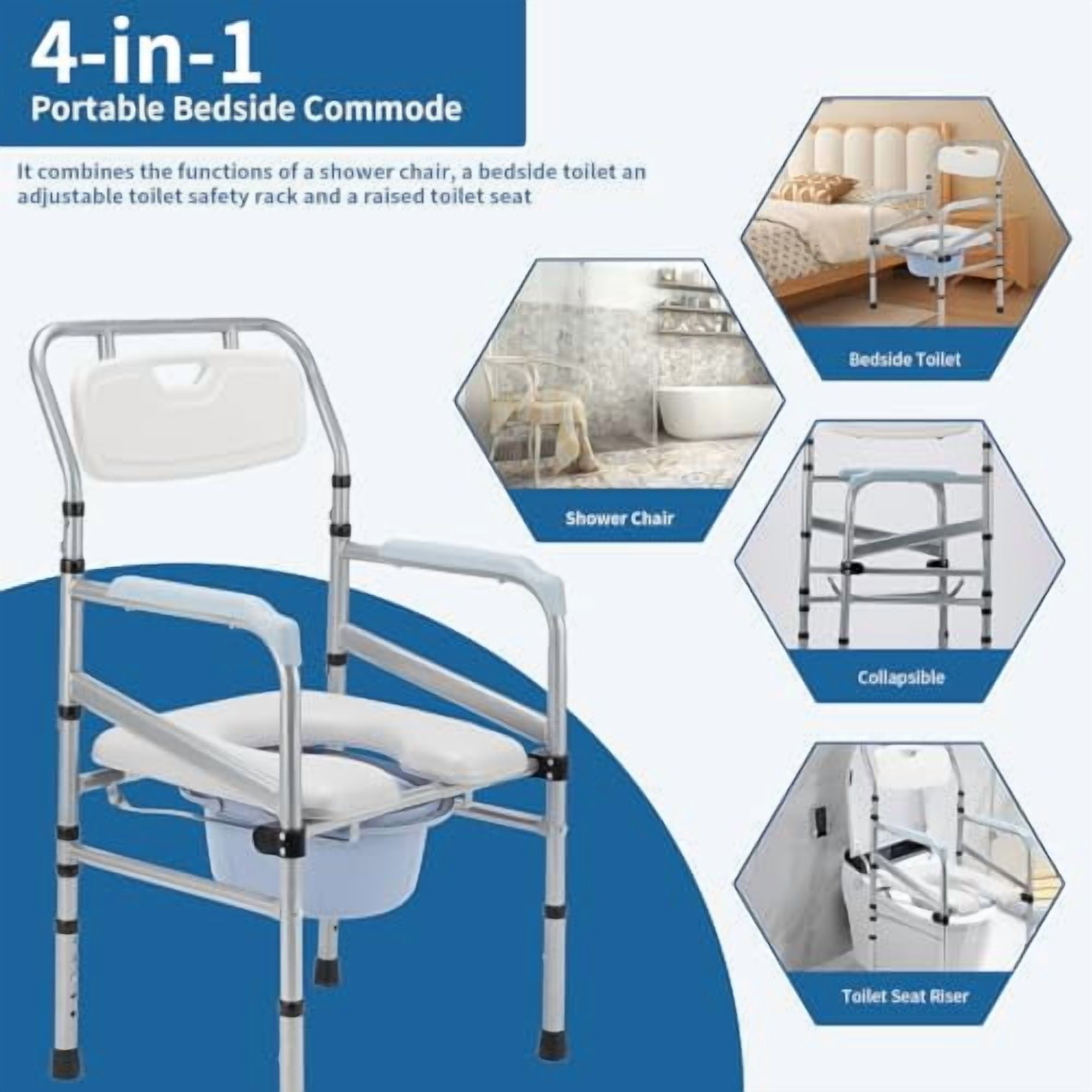 Bedside Commode for Seniors, 4 in 1 Portable Toilet for Adults with ...