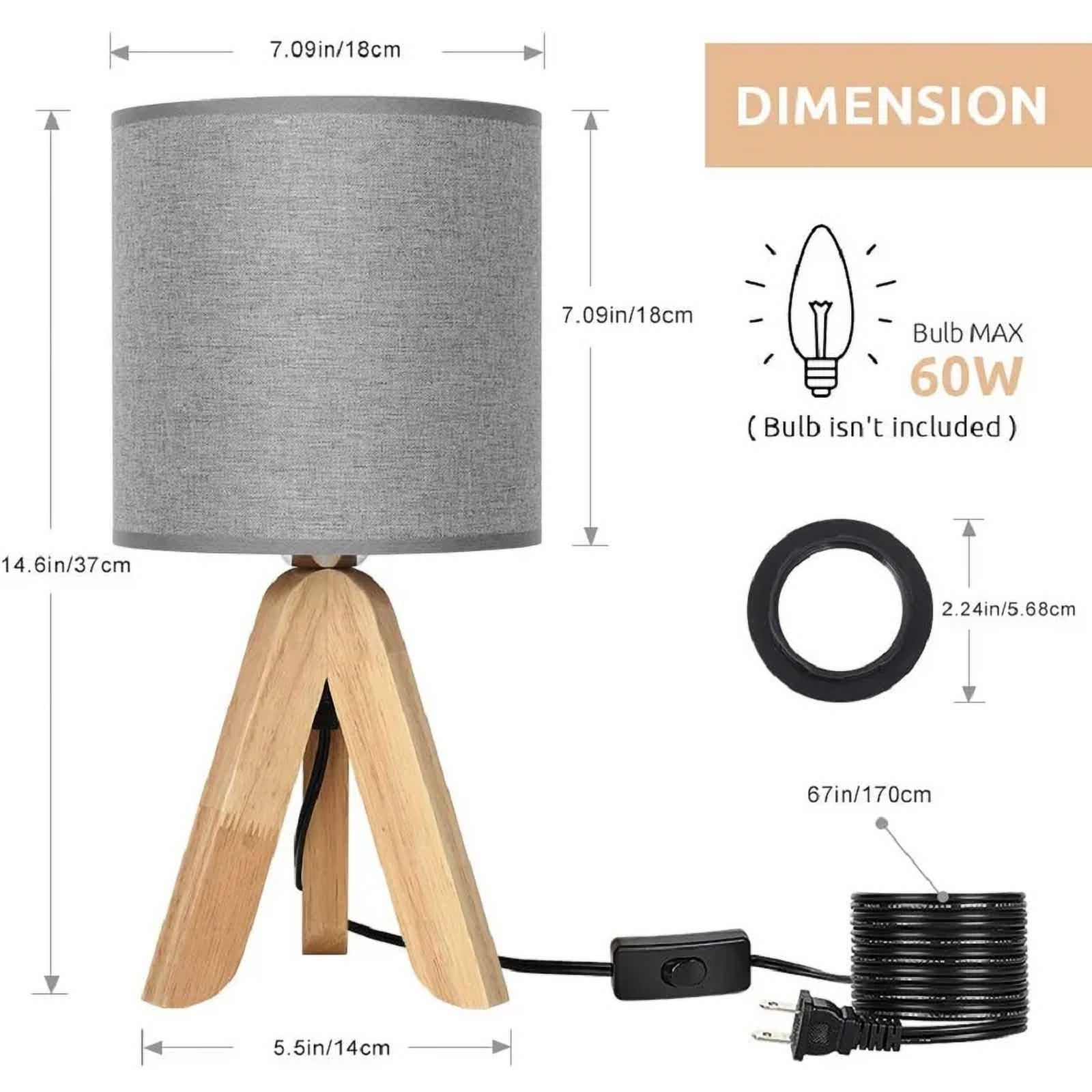 TUOREN Bedside Counter Lamp with Wooden Tripod, Fabric Shade, Gray ...