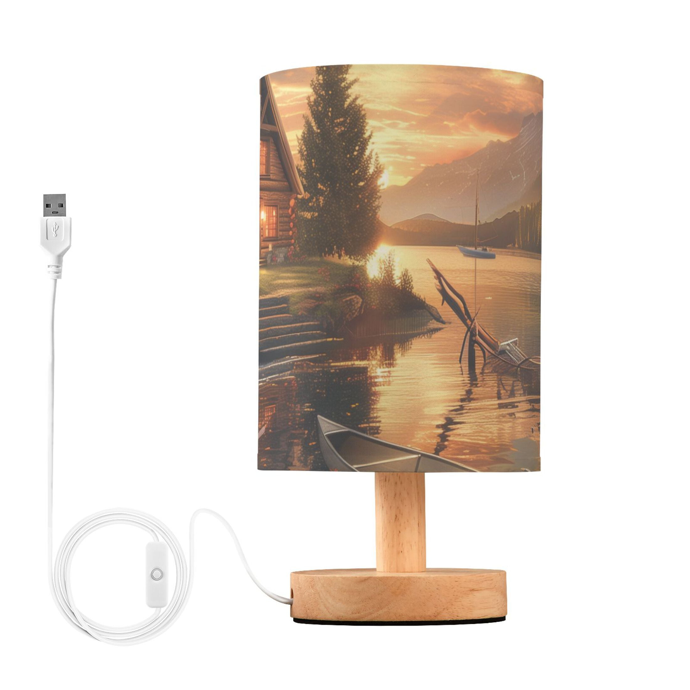 Bedside Desk Lamp LED Bulb Night Light USB Power Fabric Lampshade Table ...