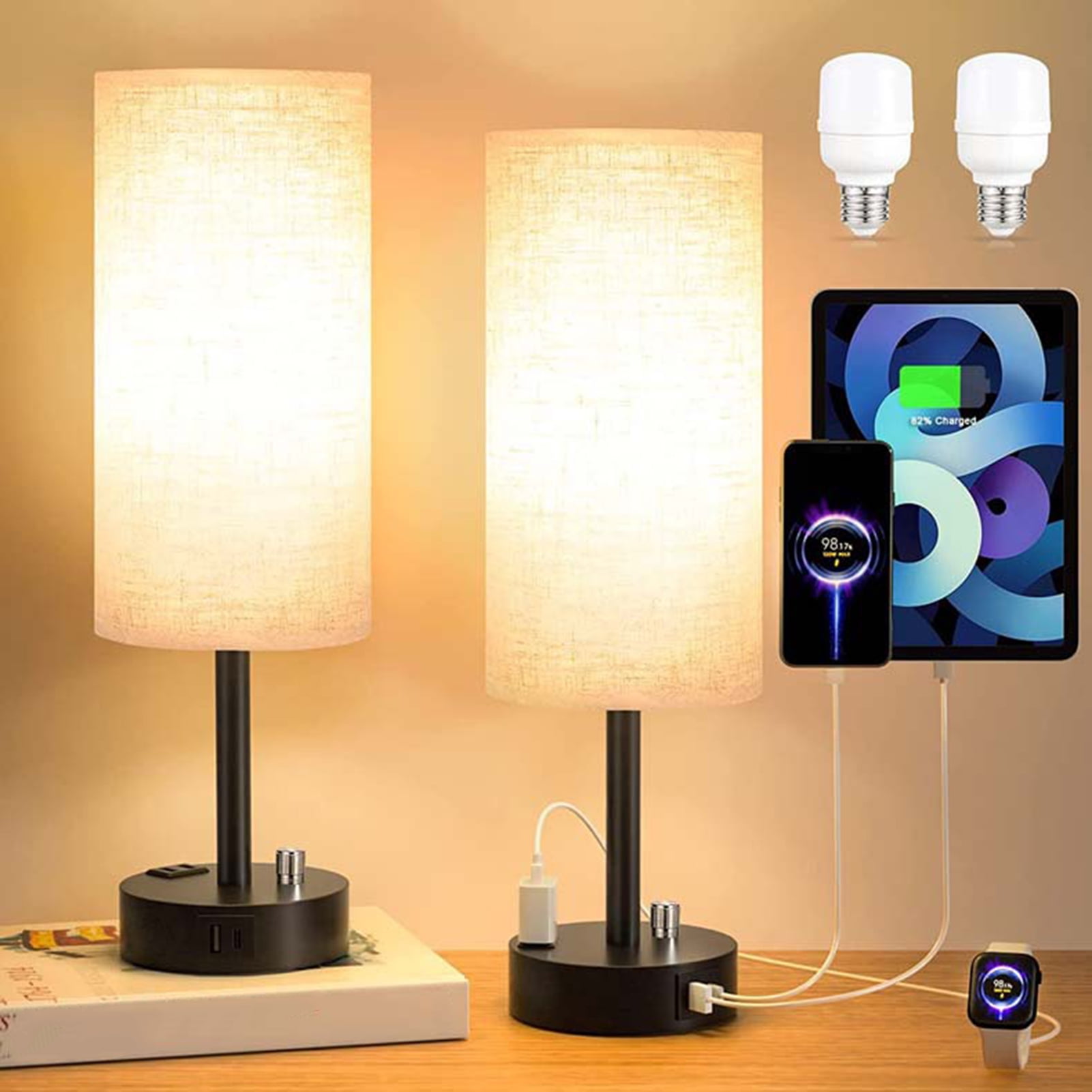 Bedside Desk Lamp with USB-A USB-C Charging Port 6W Bulb Stepless ...