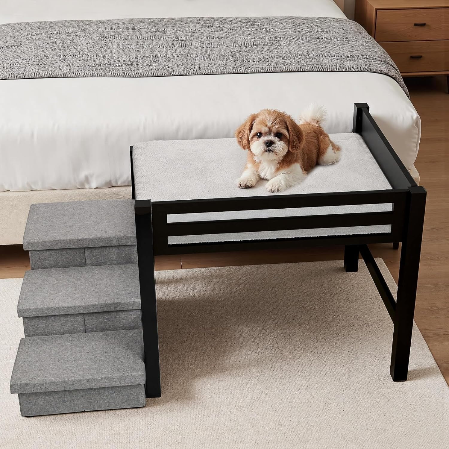 Bedside Dog Bed with Stairs，35×23 Wooden Elevated Dog Bed Cosleeper ...