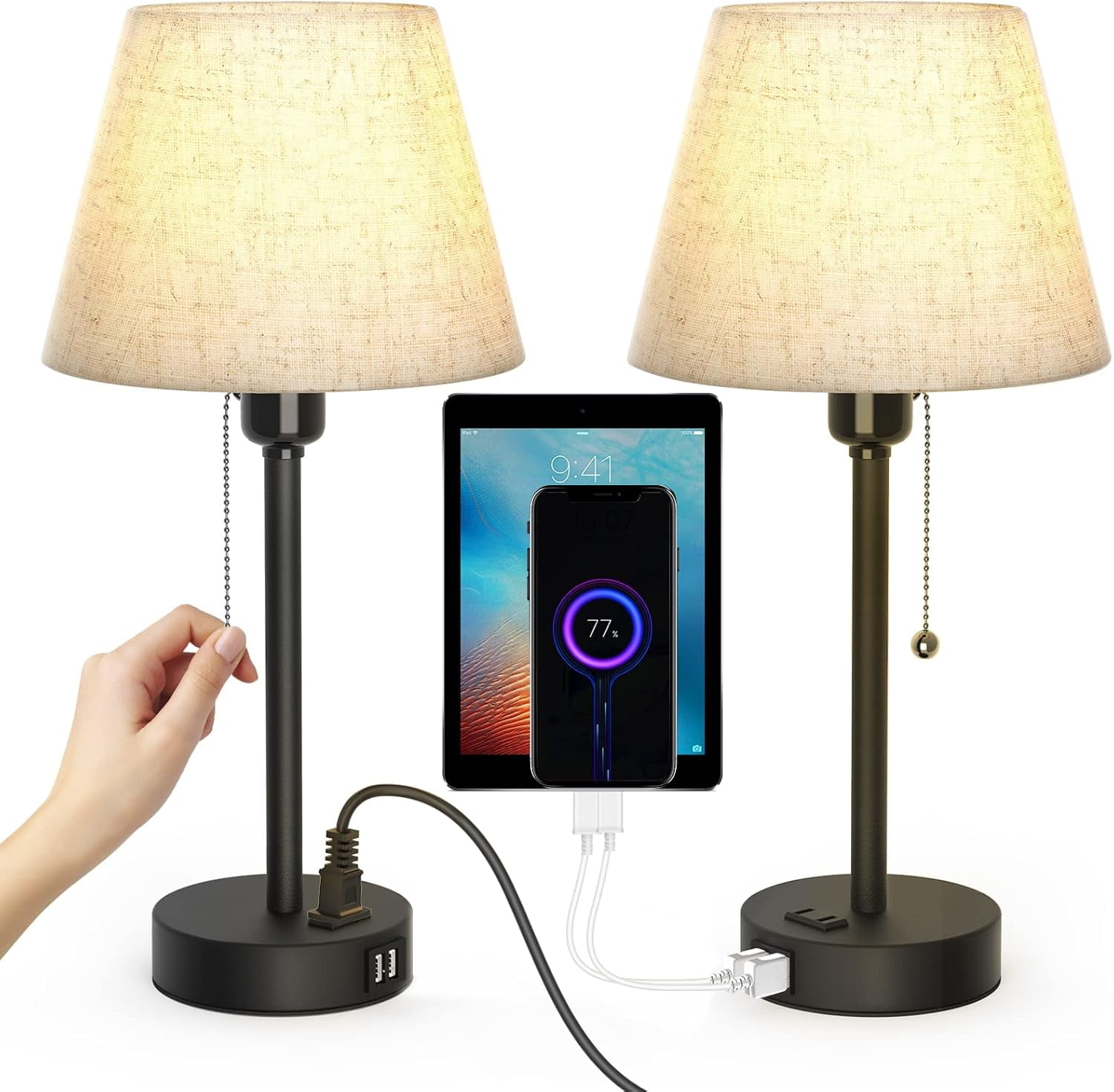 Bedside Lamp with Dual USB Port - Dual USB + AC Plug Zipper Switch ...