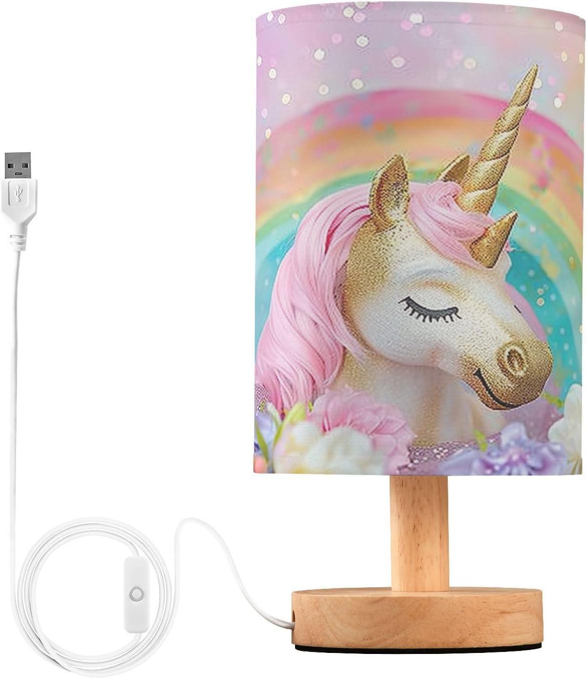 Bedside Lamp Pink Unicorn Cute Table Lamp with USB Port Wood Base for ...