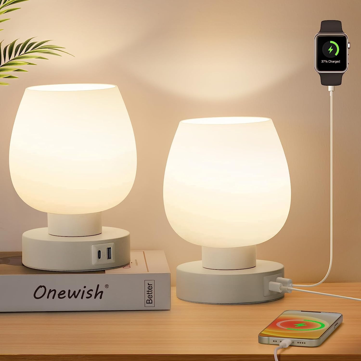 ONEWISH Bedside Lamp Set of 2, Touch Control Table Lamps with USB A+C ...