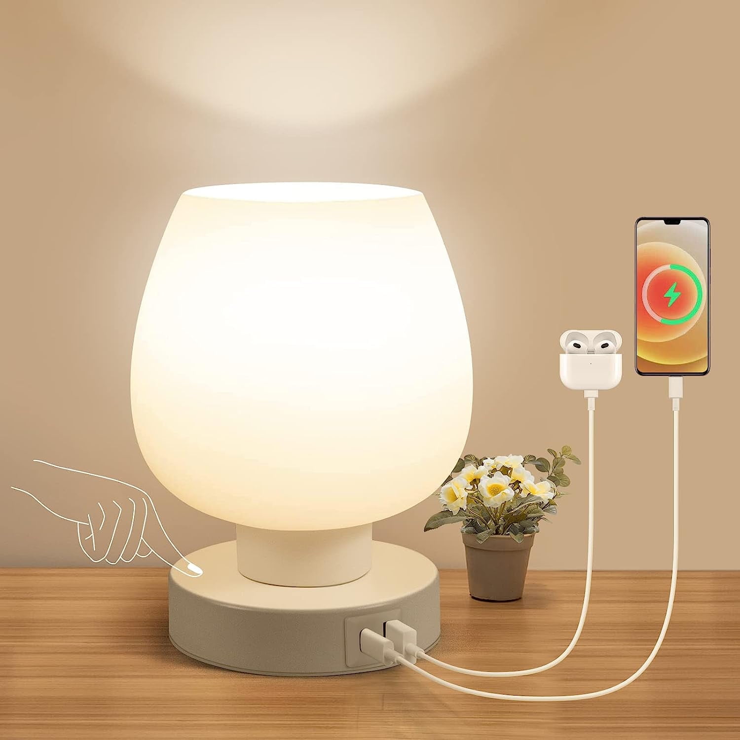 ONEWISH Bedside Lamp, Touch Table Lamp with USB A+C Ports, 3-Way ...