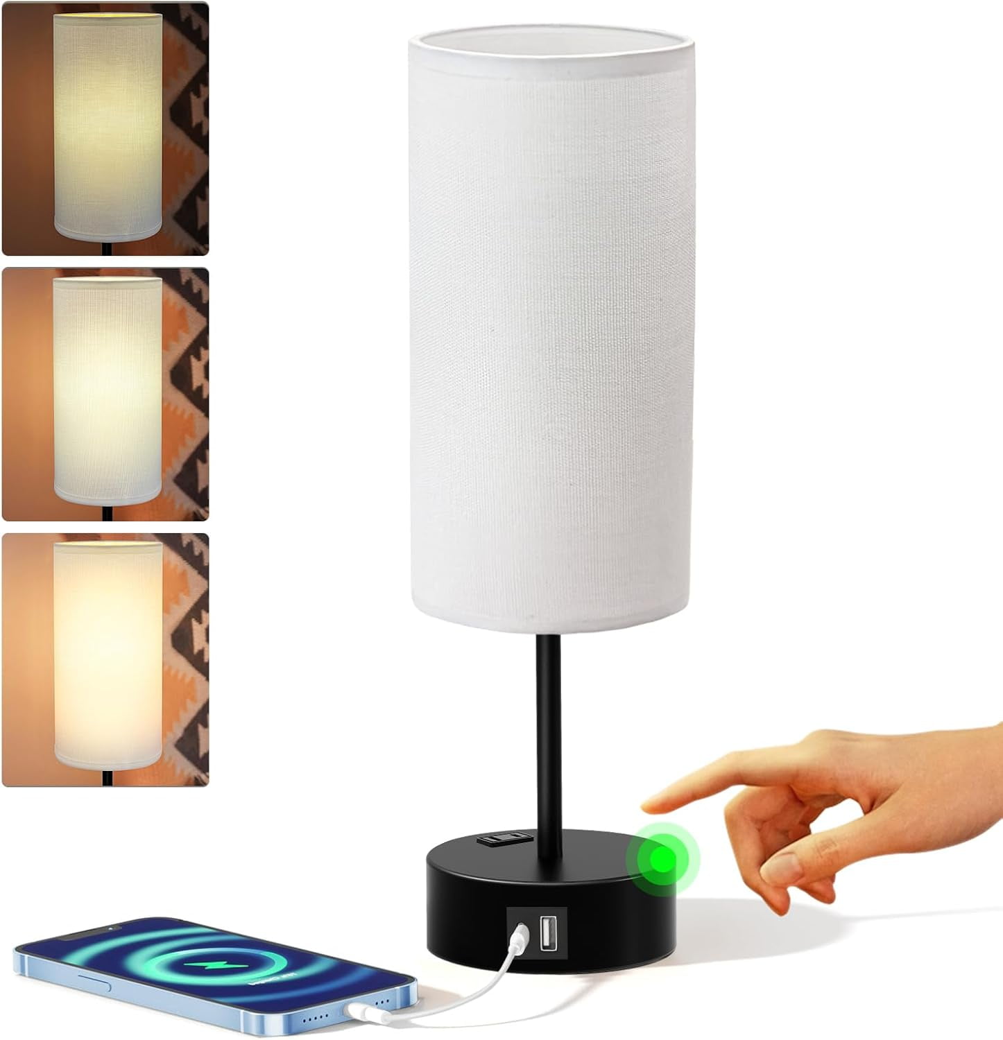 Bedside Lamp Touch Control Table Lamp with USB A+C Charging Ports & AC ...