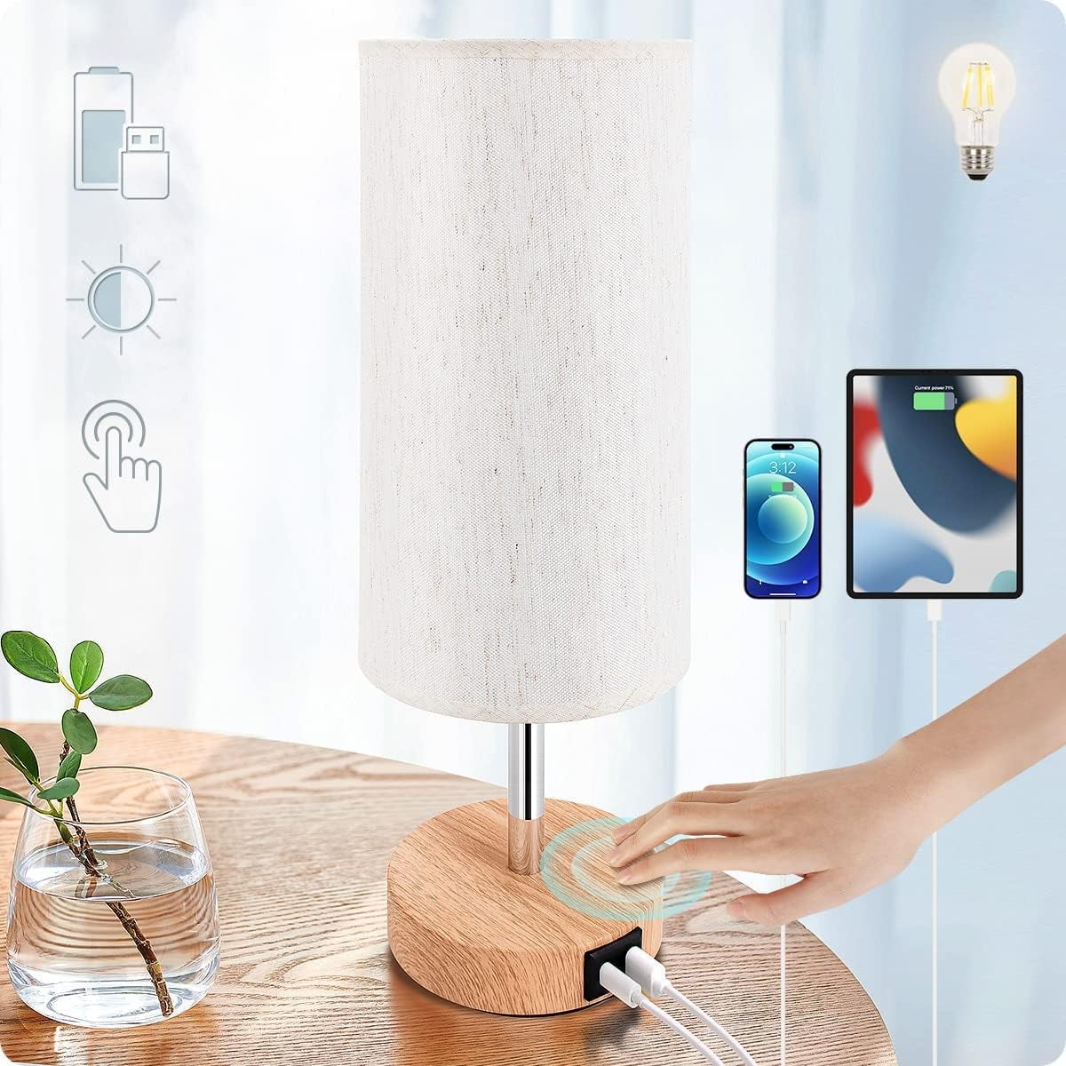 Bedside Lamp with USB A+C Port - Touch Control Table Lamp for Bedroom ...