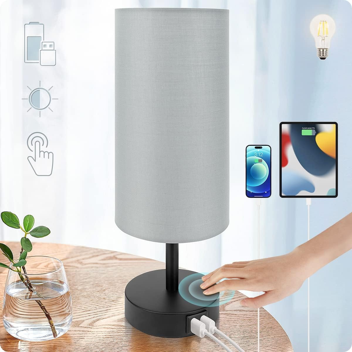 Bedside Lamp with USB Port - Touch Control Table Lamp for Bedroom 3 Way ...