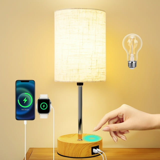 Bedside Lamp, with USB Port - Touch Control Table Lamp for Bedroom Wood ...