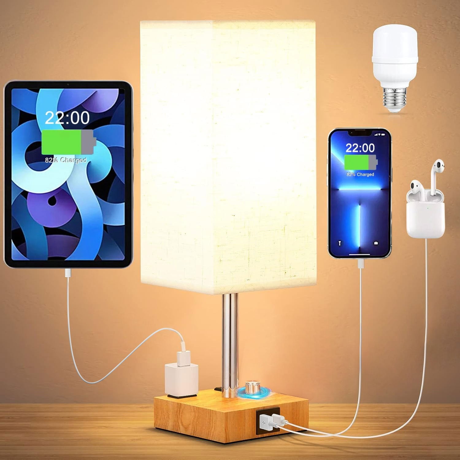 Bedside Lamp with USB Ports - Touch Control Table Lamp for Bedroom with ...