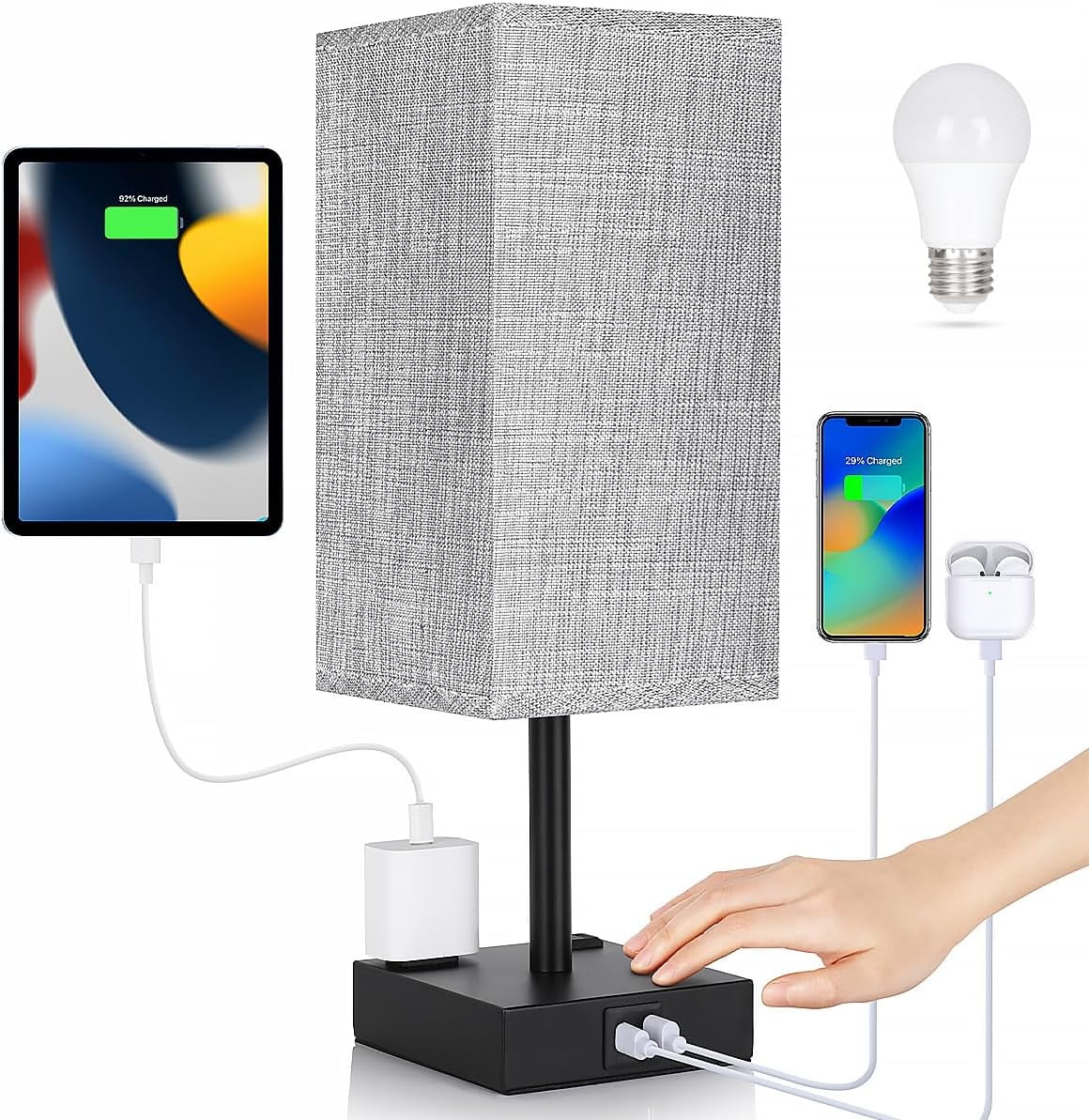 Bedside Lamp with USB Ports - Touch Control Table Lamp for Bedroom with ...