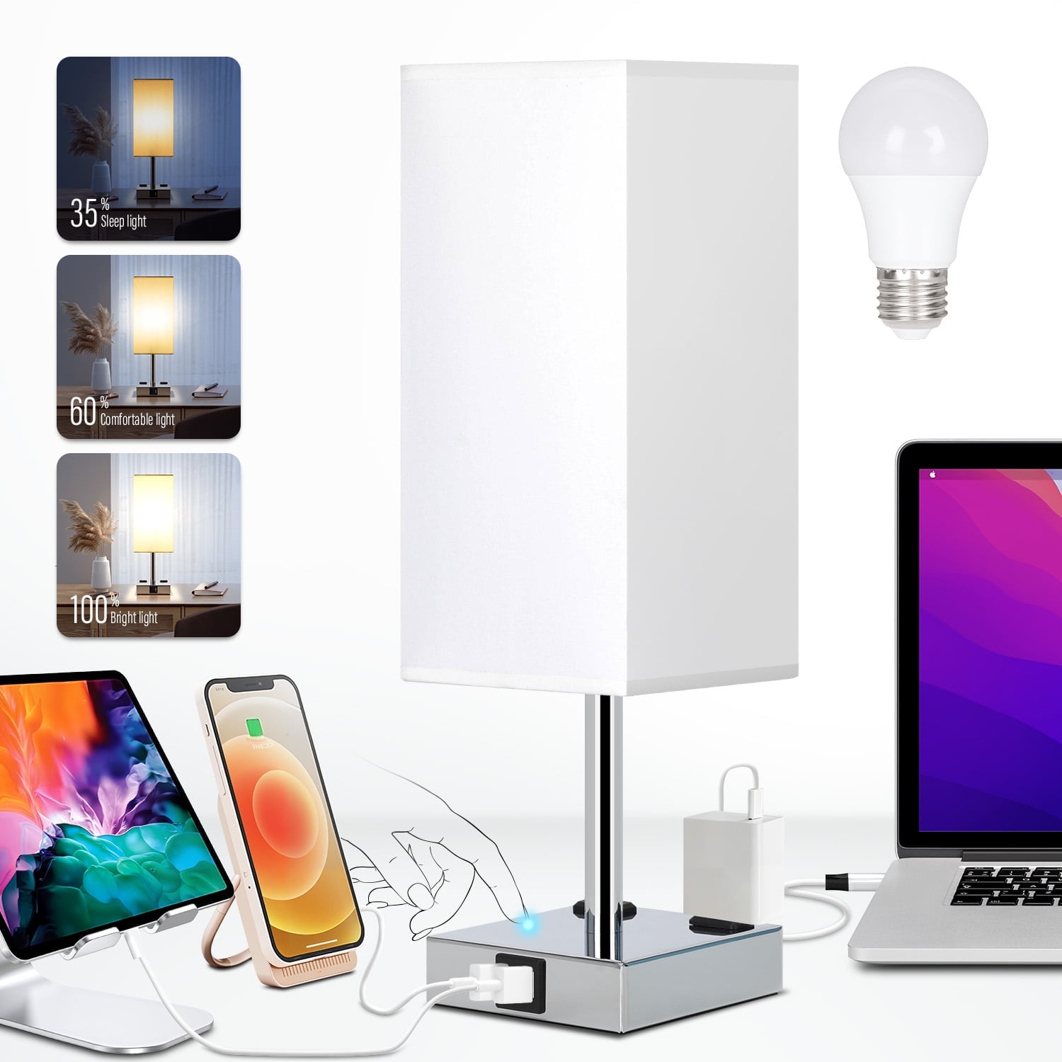 Bedside Lamp with USB Ports - Touch Control Table Lamp for Bedroom with ...