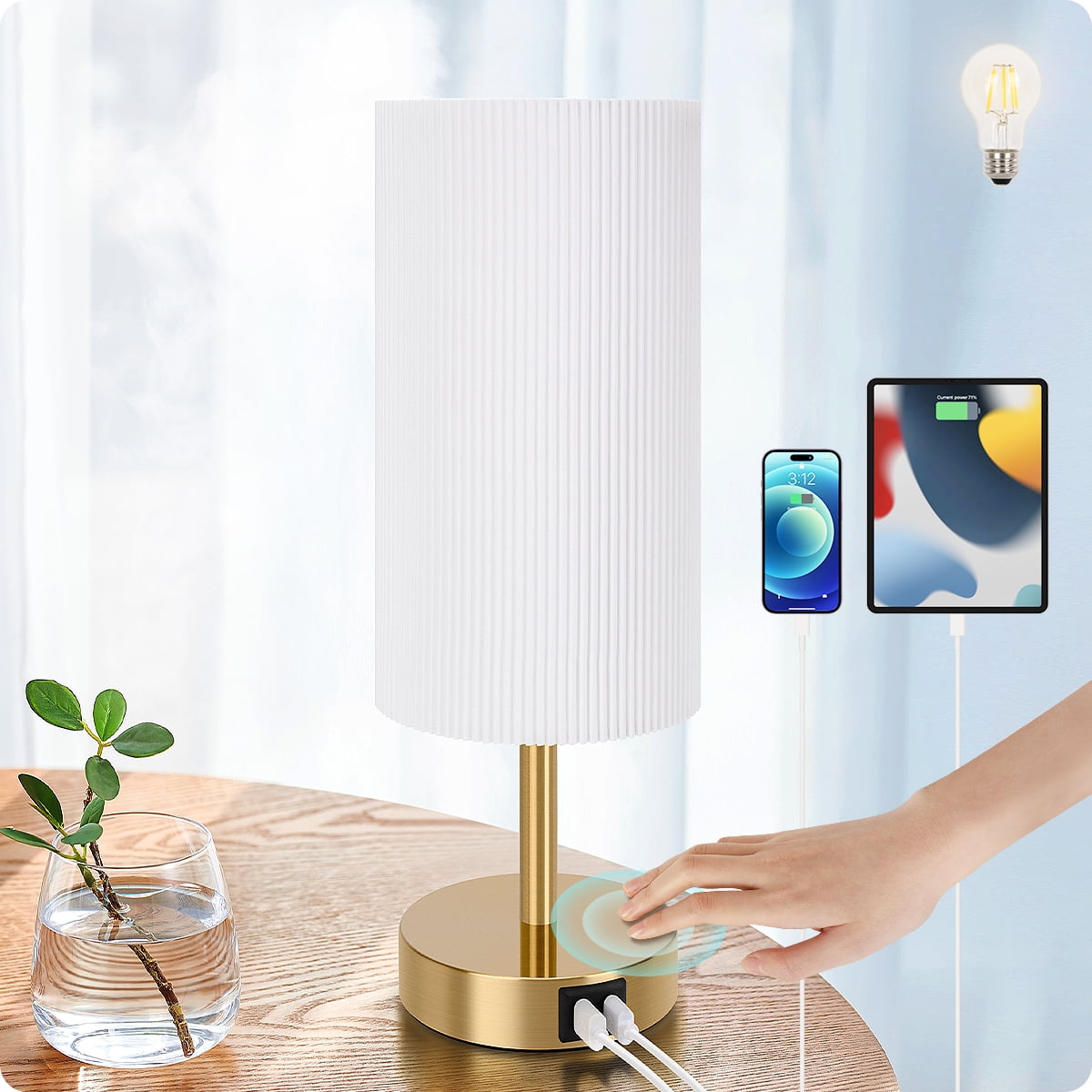 Bedside Lamp with USB port - Touch Control Table Lamp for Bedroom Wood ...