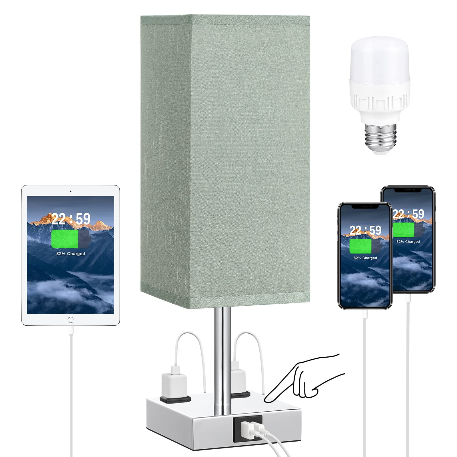 Bedside Lamp with USB Port and Outlet, 3-Way Dimmable Touch Lamp with ...
