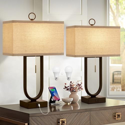 Bedside Lamps Set of 2, 24'' Tall Table Lamps for Night Stands with USB ...