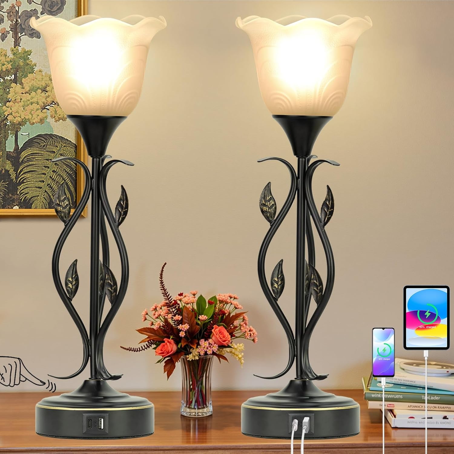 Bedside Lamps Set of 2, Table Lamp with USB Port 3 Way Dimmable Touch ...