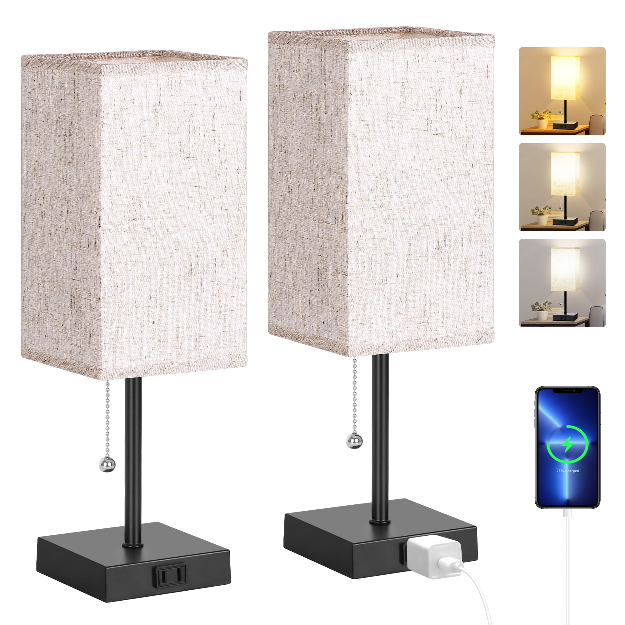 Bedside Lamps Set of 2 with AC Outlet,3-Way Dimmable AVV Table Lamps ...