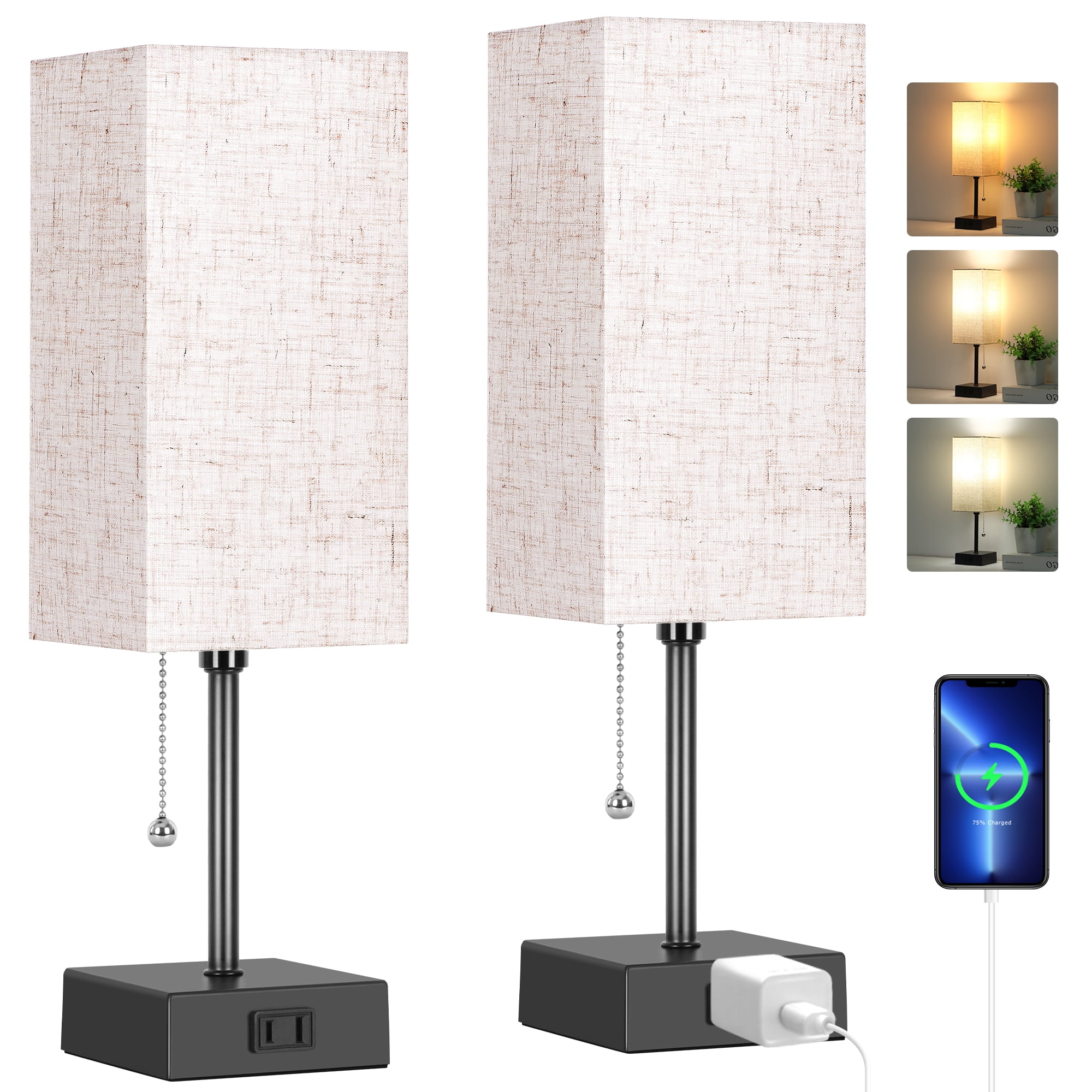 Bedside Lamps Set of 2 with AC Outlet,3-Way Dimmable AVV Table Lamps ...