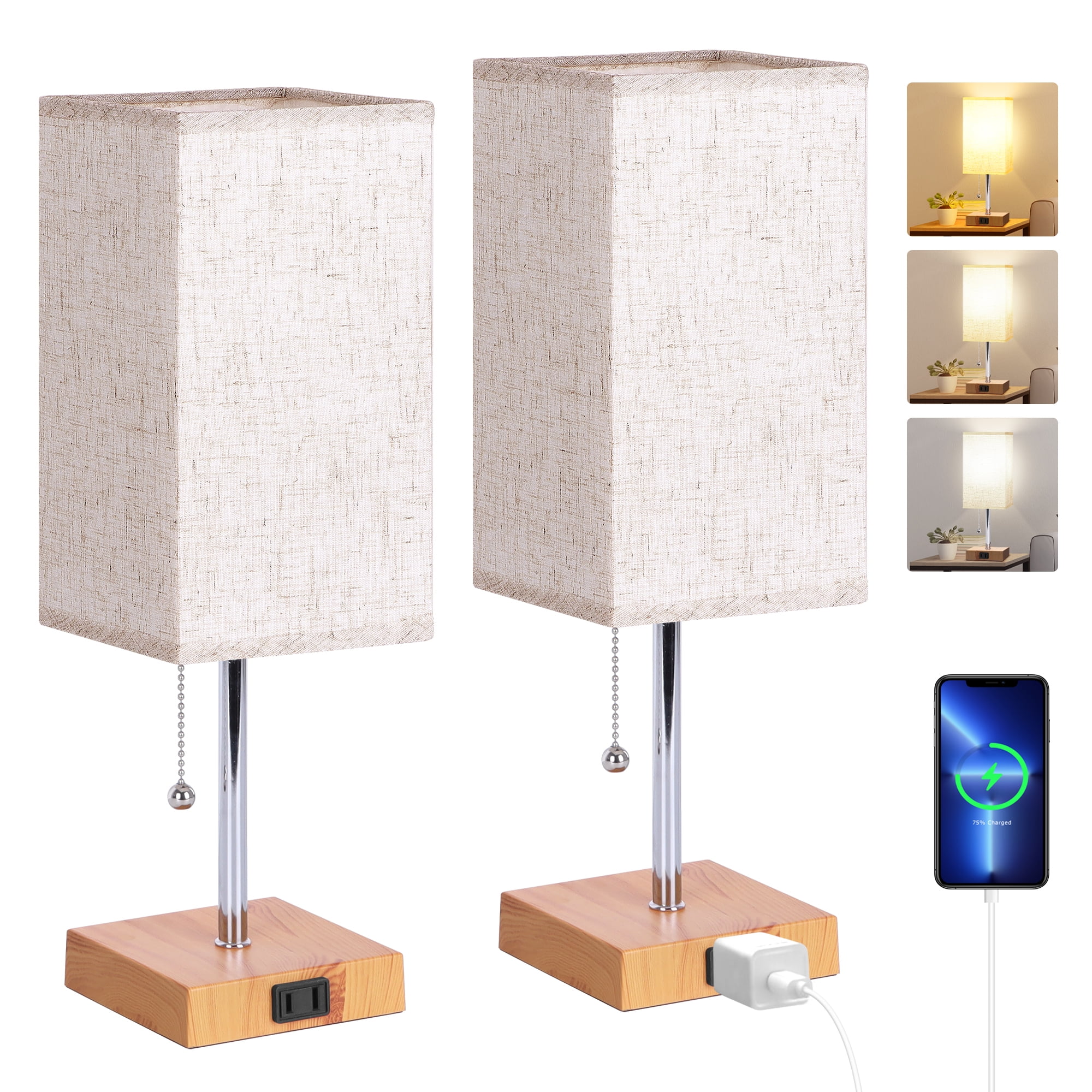 Bedside Lamps for Bedroom Set of 2 with AC Outlet,3-Way Dimmable AVV ...