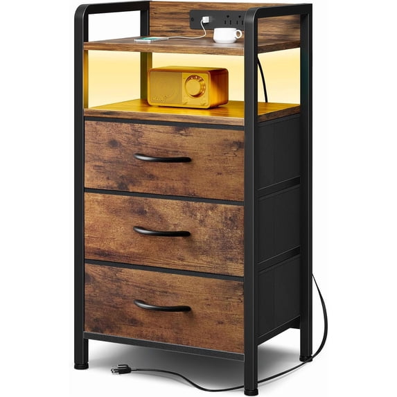 Bedside Nightstand with Charging Station & LED Light Strip, Modern End ...