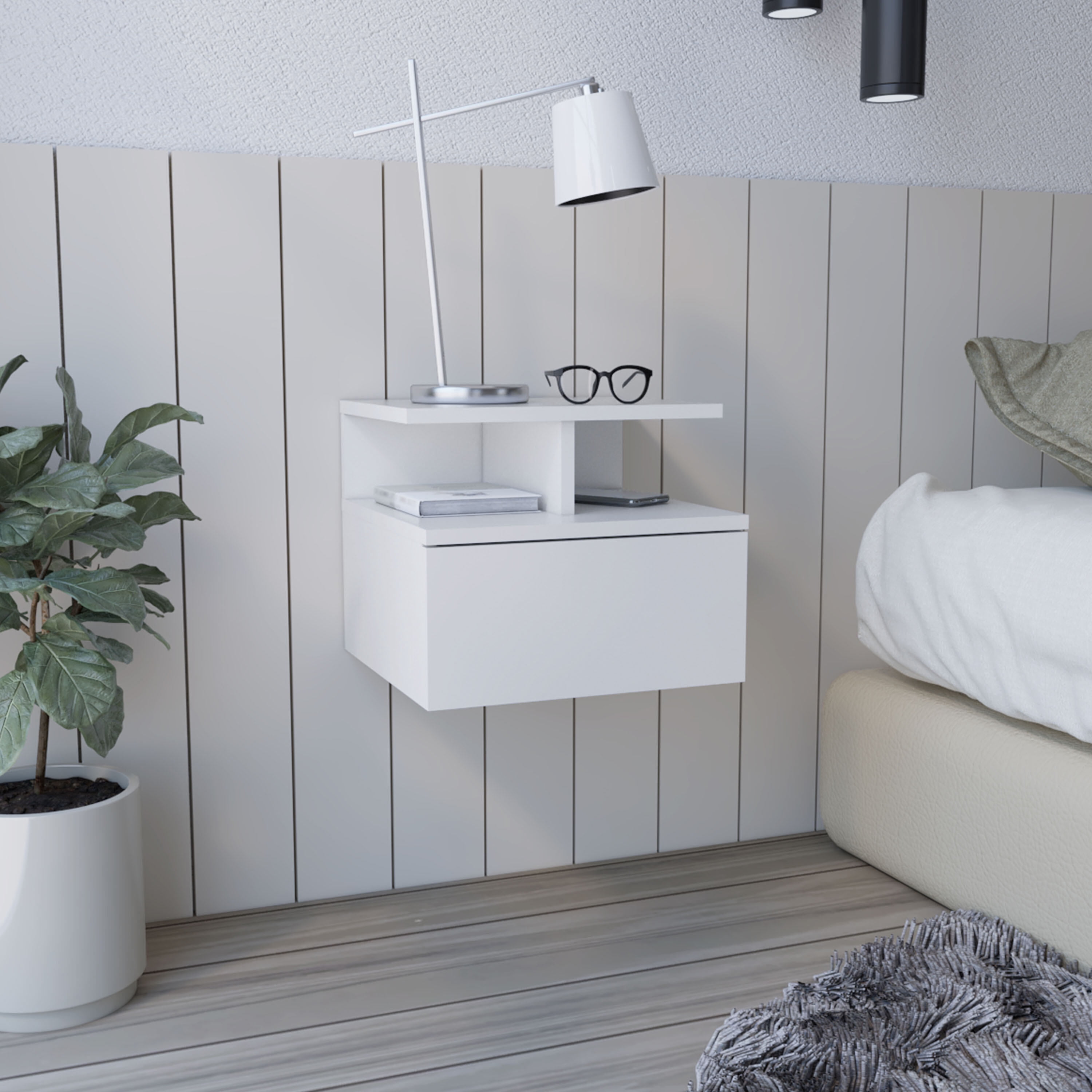 Bedside Nightstands, Floating Nightstand Flopini, One Drawer, White ...
