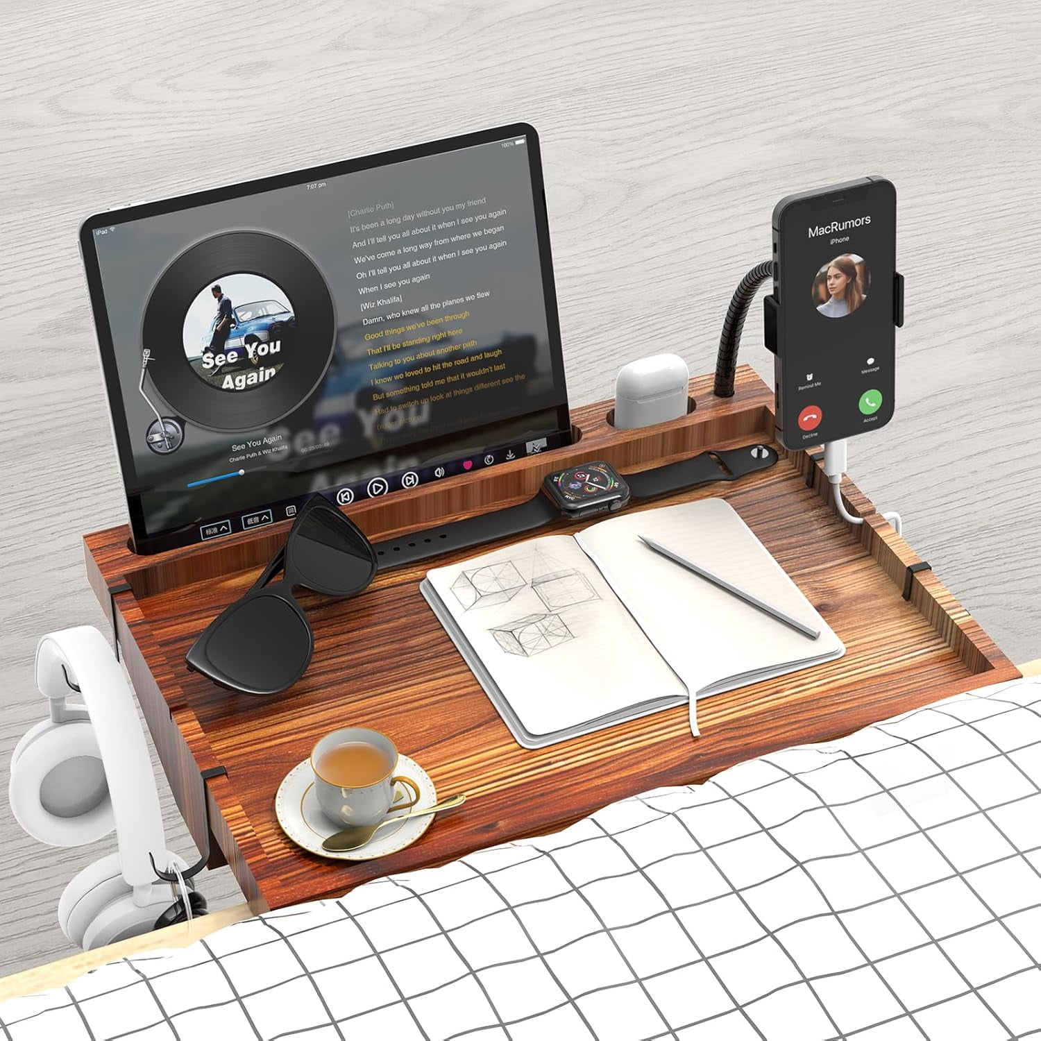 Bedside Shelf with Phone Holder for Bed, Nature Wood Bed Shelf ...
