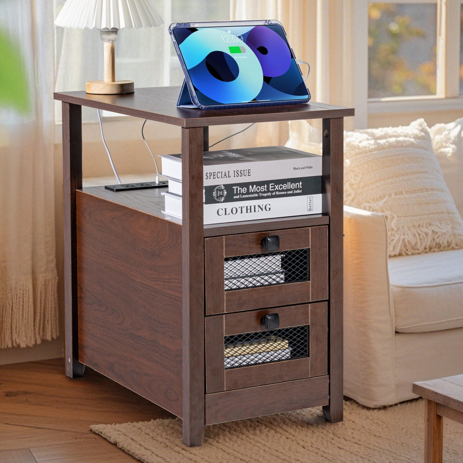 Bedside Storage Table, Narrow Bedside Bookcase, Brown Nightstand with ...