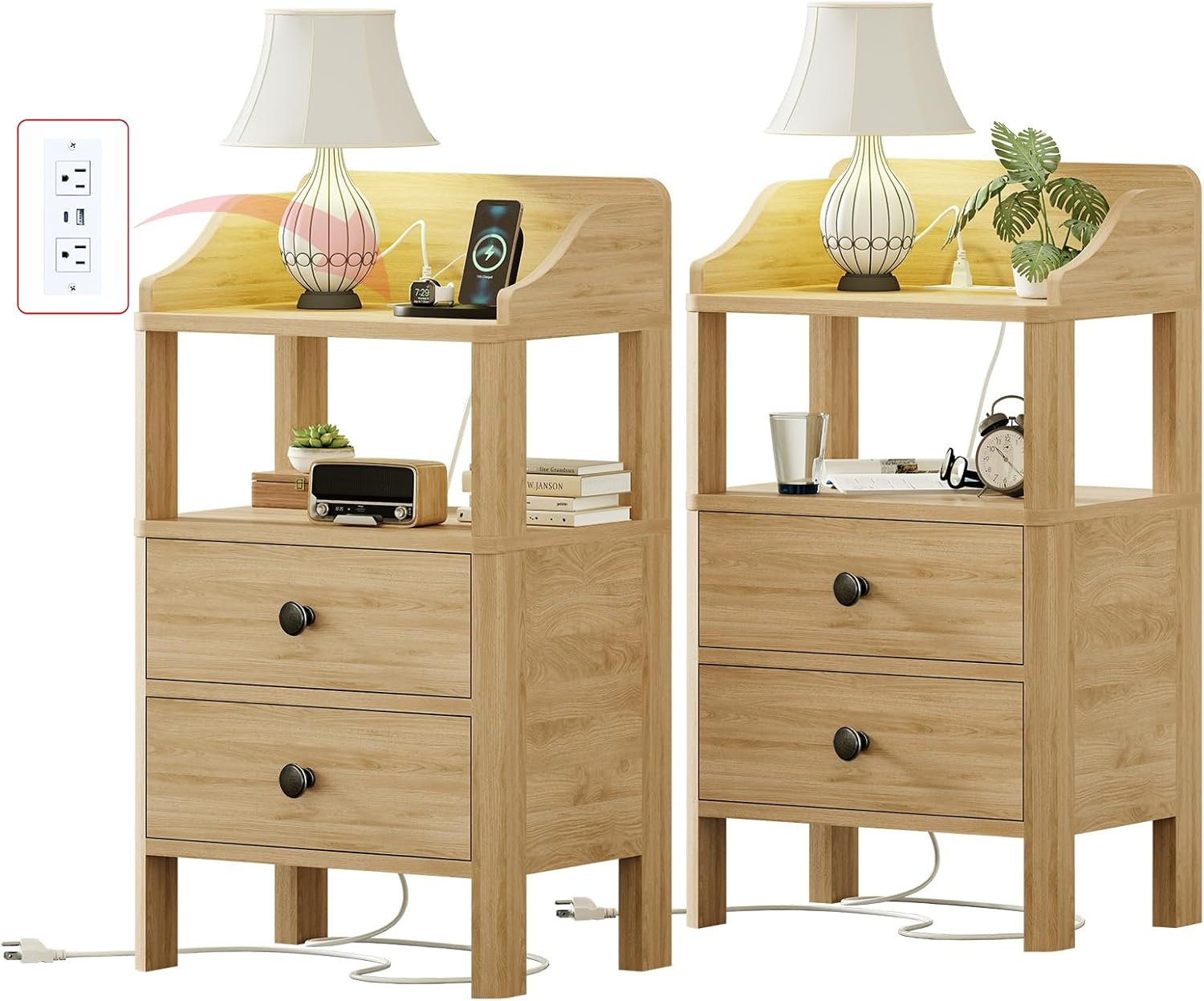 Bedside Table 15.75-inch Compact Bedside Table Set of 2 with USB and ...