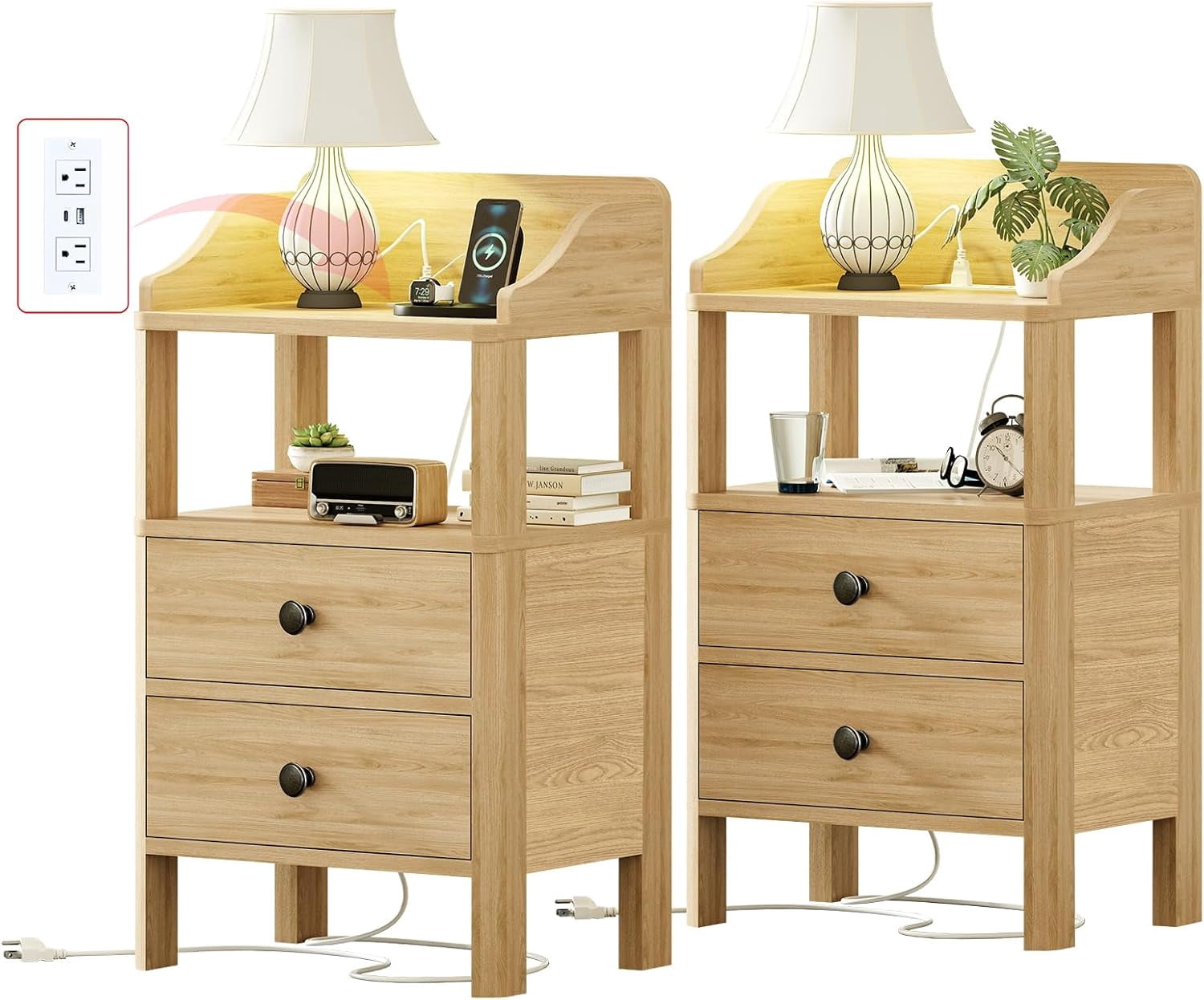 Bedside Table 15.75-inch Compact Bedside Table Set of 2 with USB and ...
