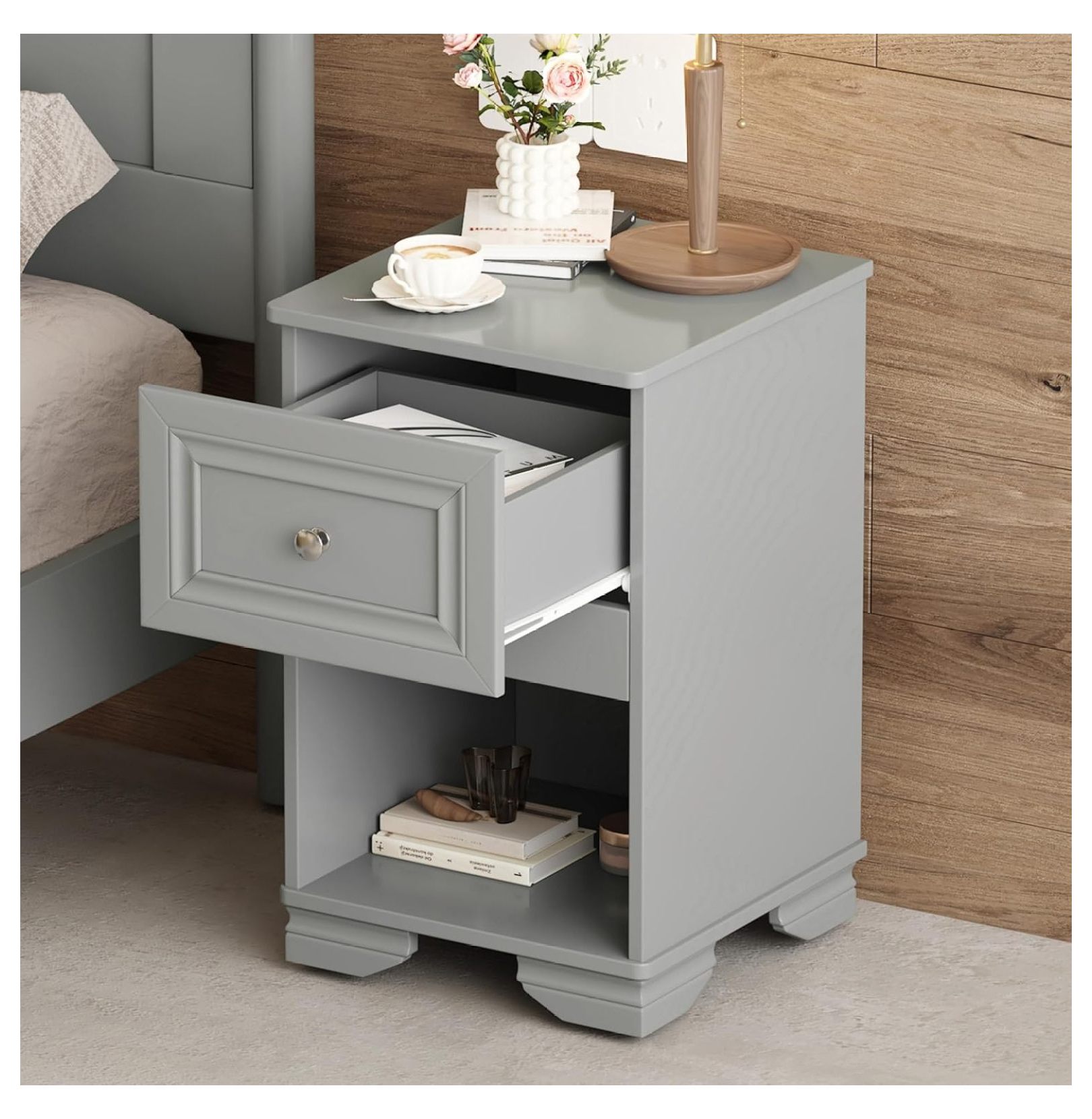 Bedside Table with Drawer for Bedroom, Nightstand with Storage Shelf ...