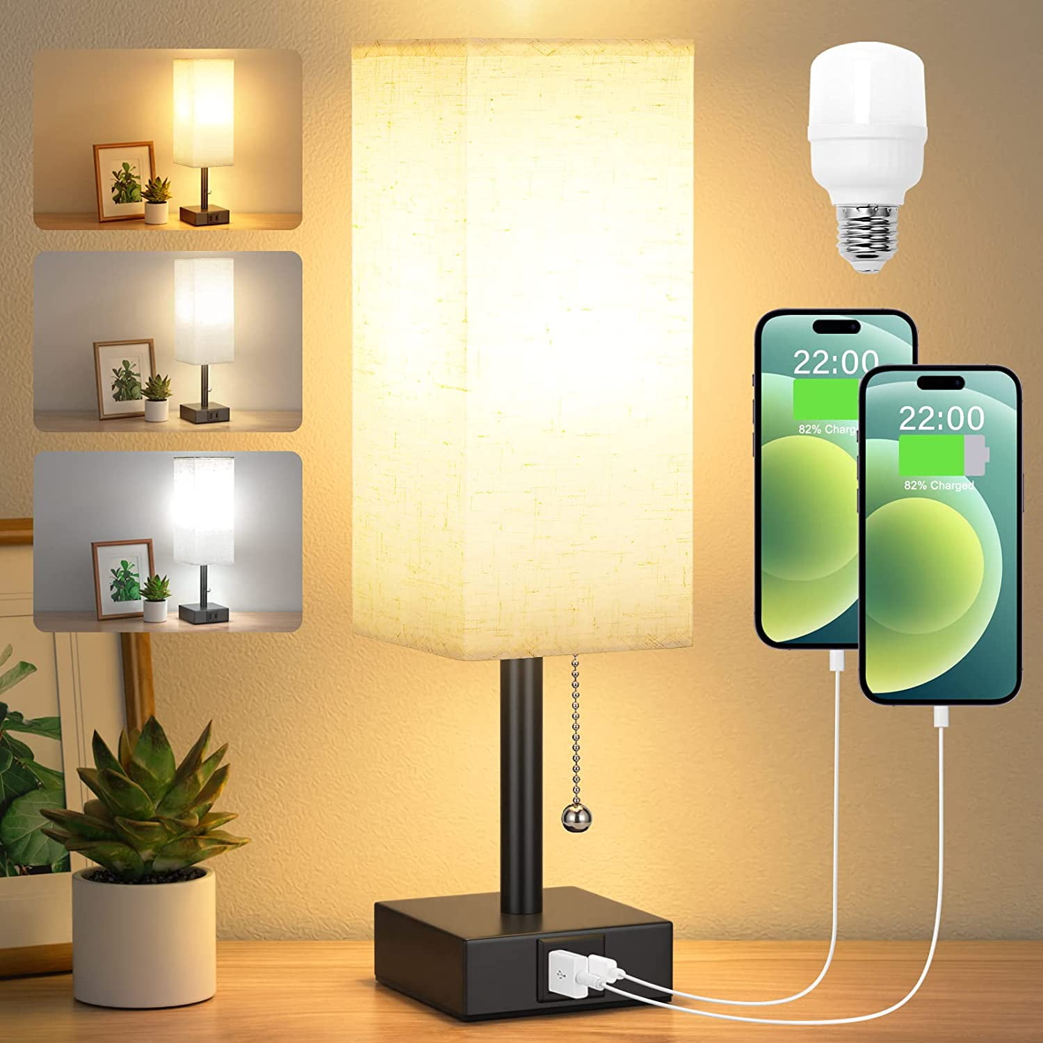Bedside Table Lamp with 3 Color Temperatures - 3000/4000/5000K Small ...