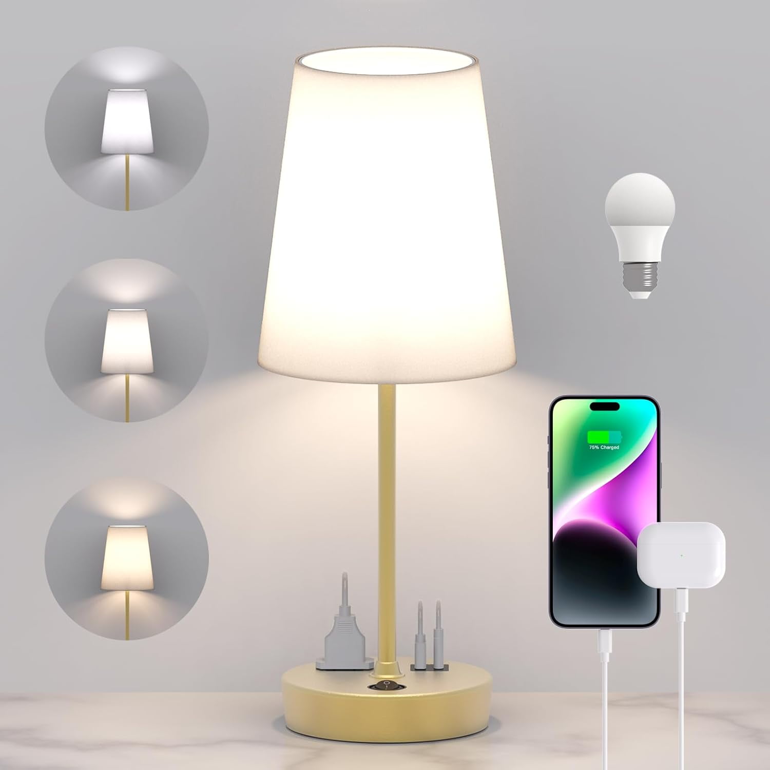 Bedside Table Lamp for Bedroom, 3-Way Dimmable with AC Outlet and USB-C ...