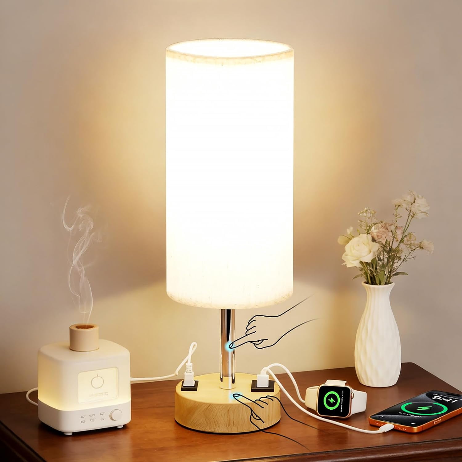 Bedside Table Lamp for Bedroom, 3-Way Dimmable Nightstand Lamp with USB ...