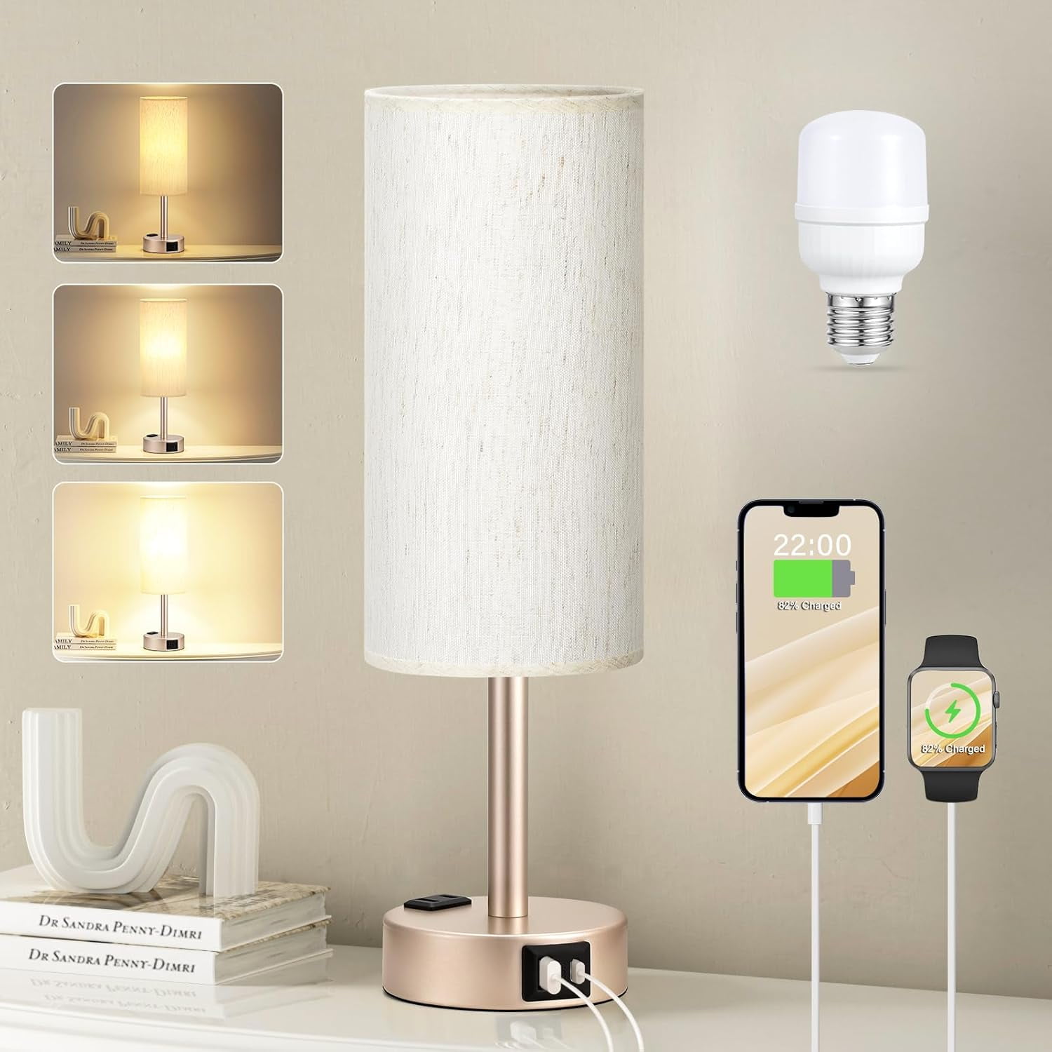 Bedside Table Lamp for Bedroom - 3 Way Dimmable Touch Lamp USB C ...