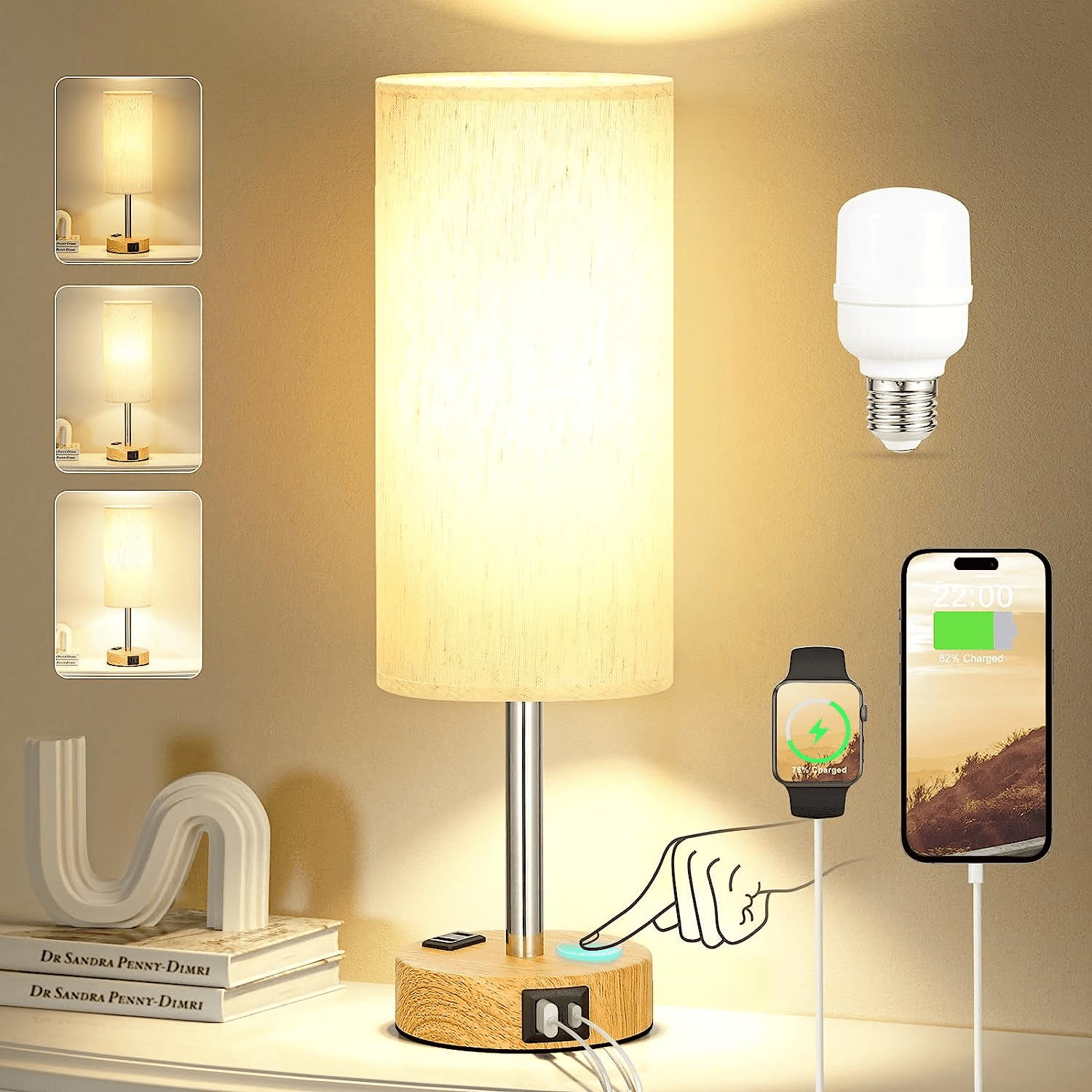 3-Way Dimmable Touch Lamp with USB C & AC Outlet, Wood Base, Flaxen ...