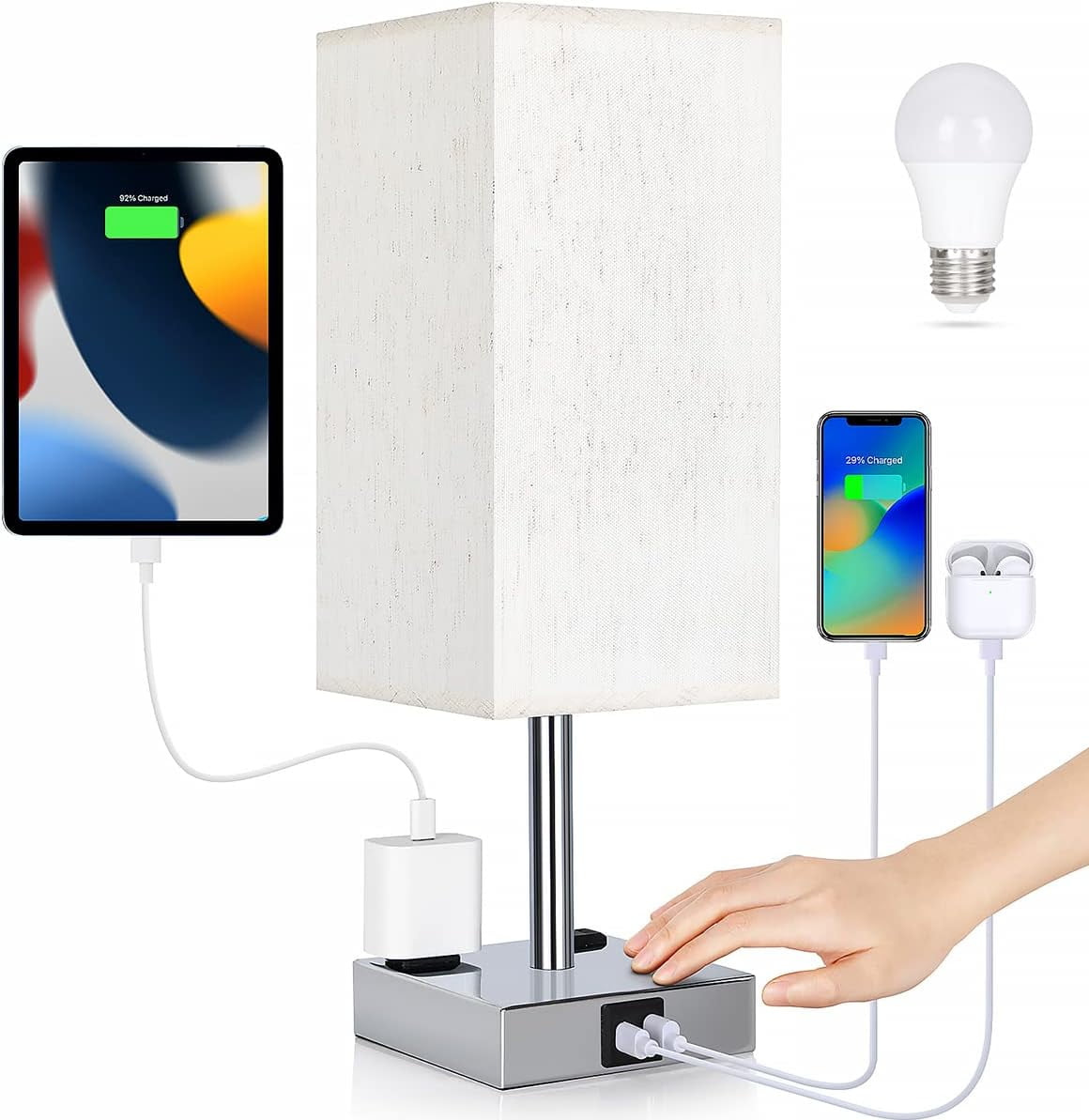 Bedside Table Lamp for Bedroom - Touch Small Lamp with USB C+A Charging ...