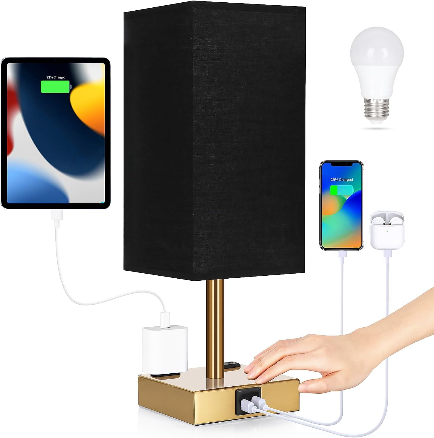 Bedside Table Lamp for Bedroom - Touch Small Lamp with USB C+A Charging ...