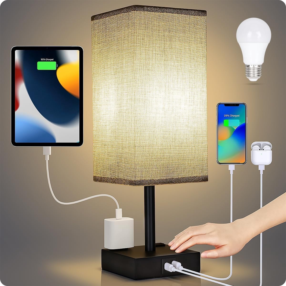 Bedside Table Lamp for Bedroom - Touch Small Lamp with USB C+A Charging ...