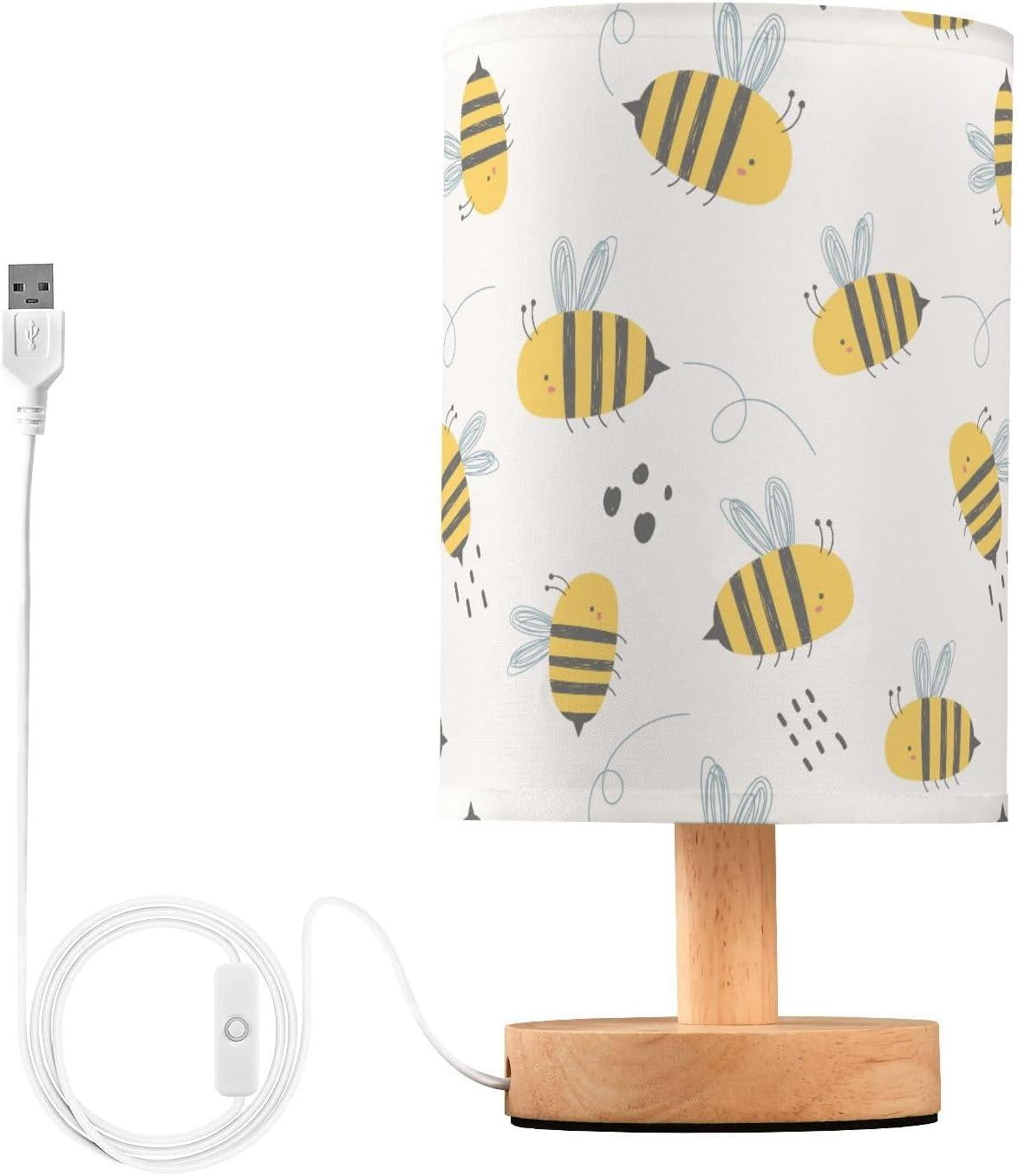 Bedside Table Lamp Cute Bee Dot Nightstand Lamp with Wood Base Night Light Linen Fabric Shade ...