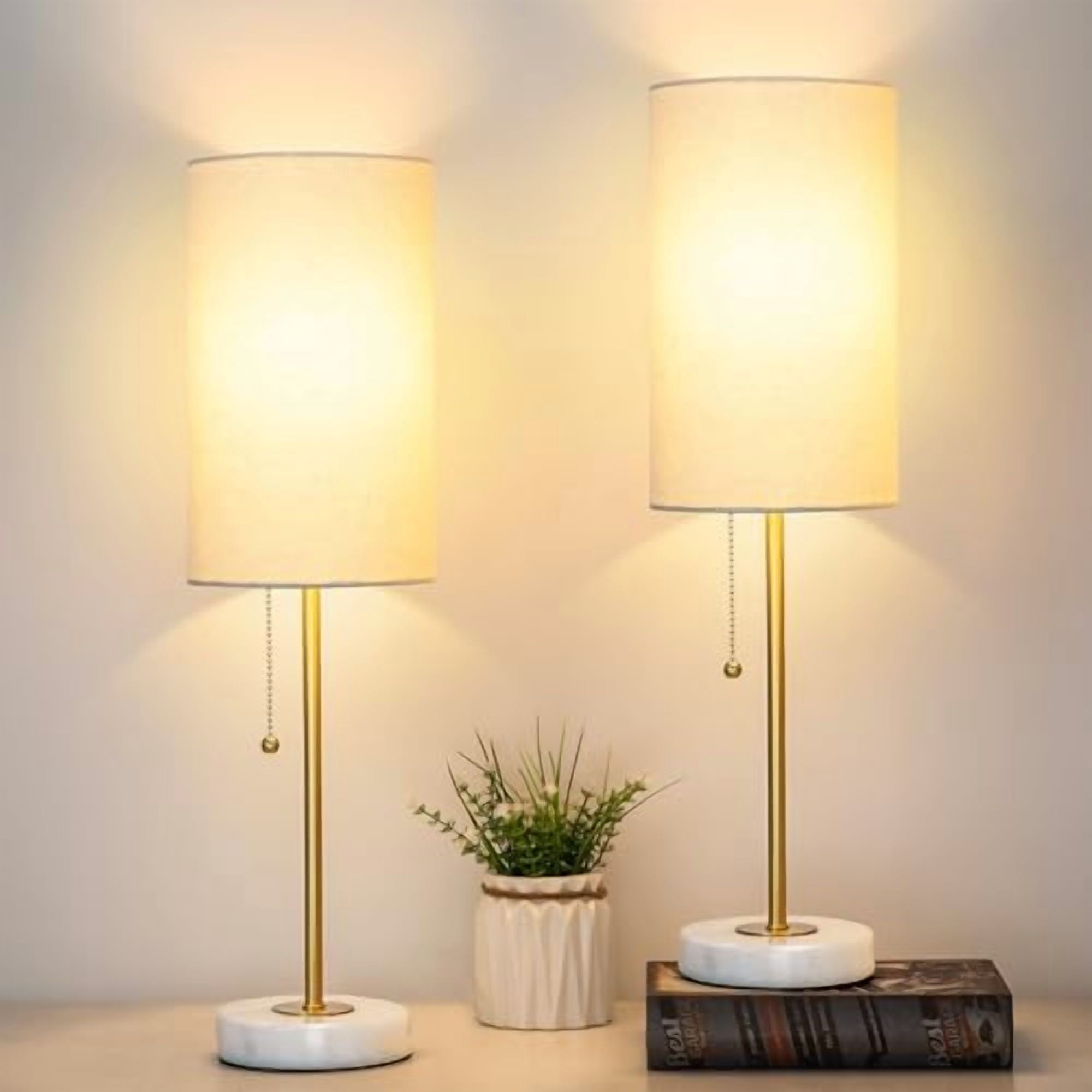 Bedside Table Lamp with Marble Base: Pull Chain Switch 3-Way Dimmable ...