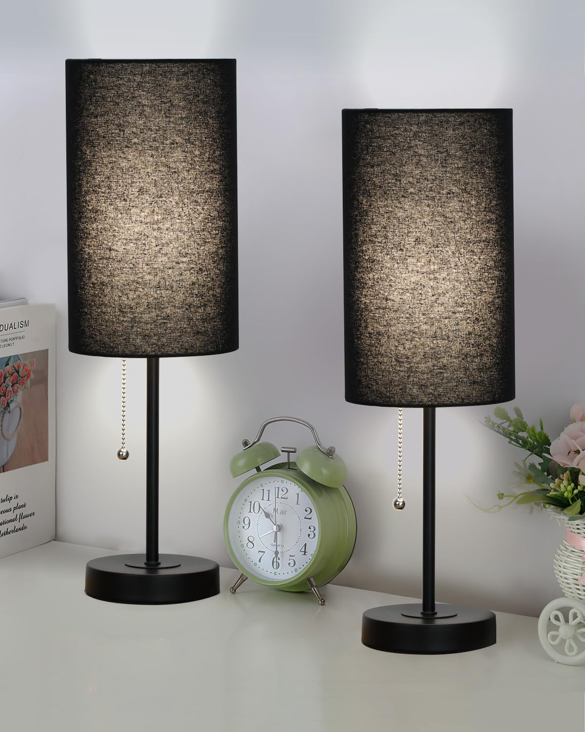 Bedside Table Lamp with Marble Base: Pull Chain Switch 3-Way | Linen ...