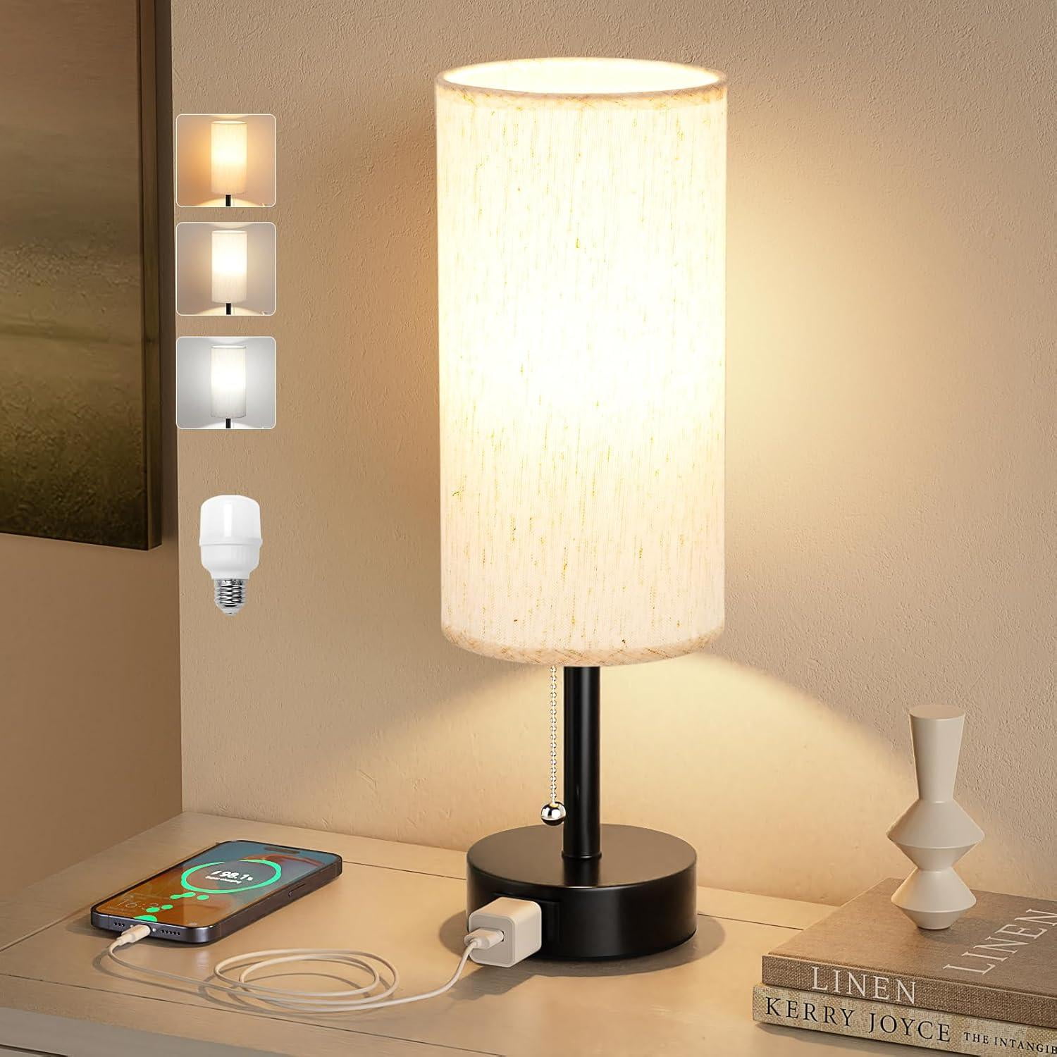 Bedside Table Lamp for Nightstand - 3 Color Temperatures Pull Chain ...
